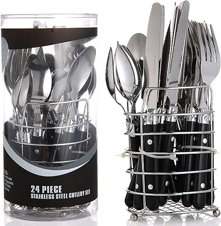 Besteck Set - Besteckset 6 Person Schwarz mit Besteckkorb | 24 teilig ...