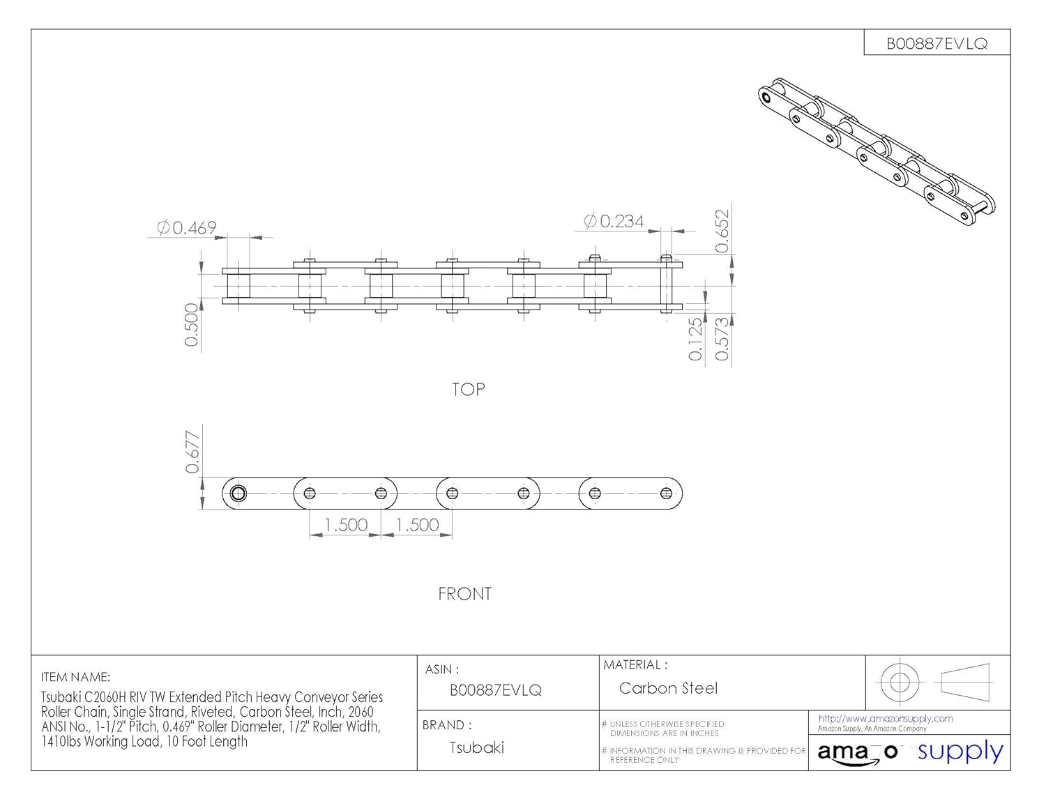 1-1/2 Pitch 1/2 Roller Width Single Strand Tsubaki C2060HTWRB Extended ...