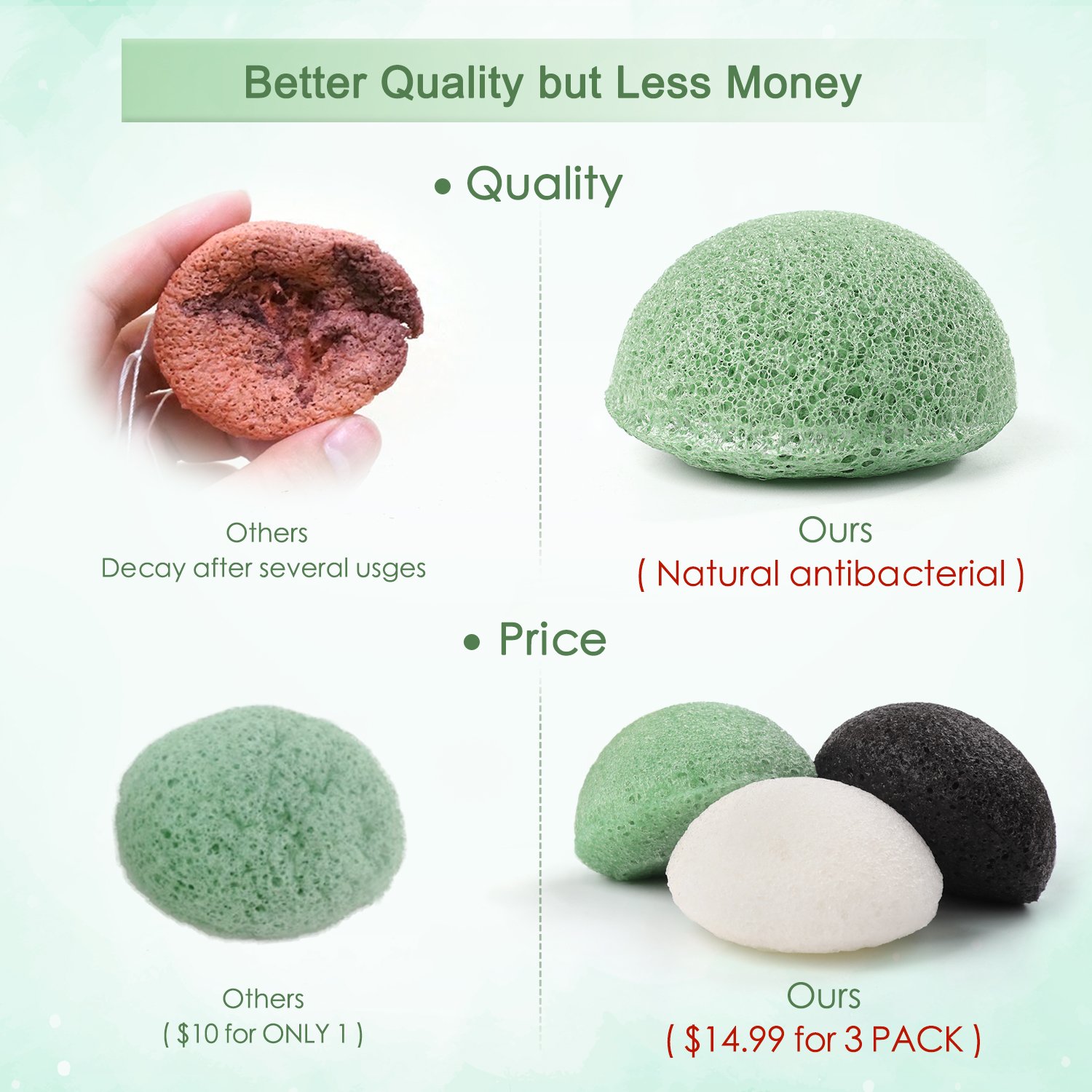 Akimo Konjac Facial Sponge - 3 Pack Natural Activated (Milk, Green Tea and Bamboo Charcoal) Face ...