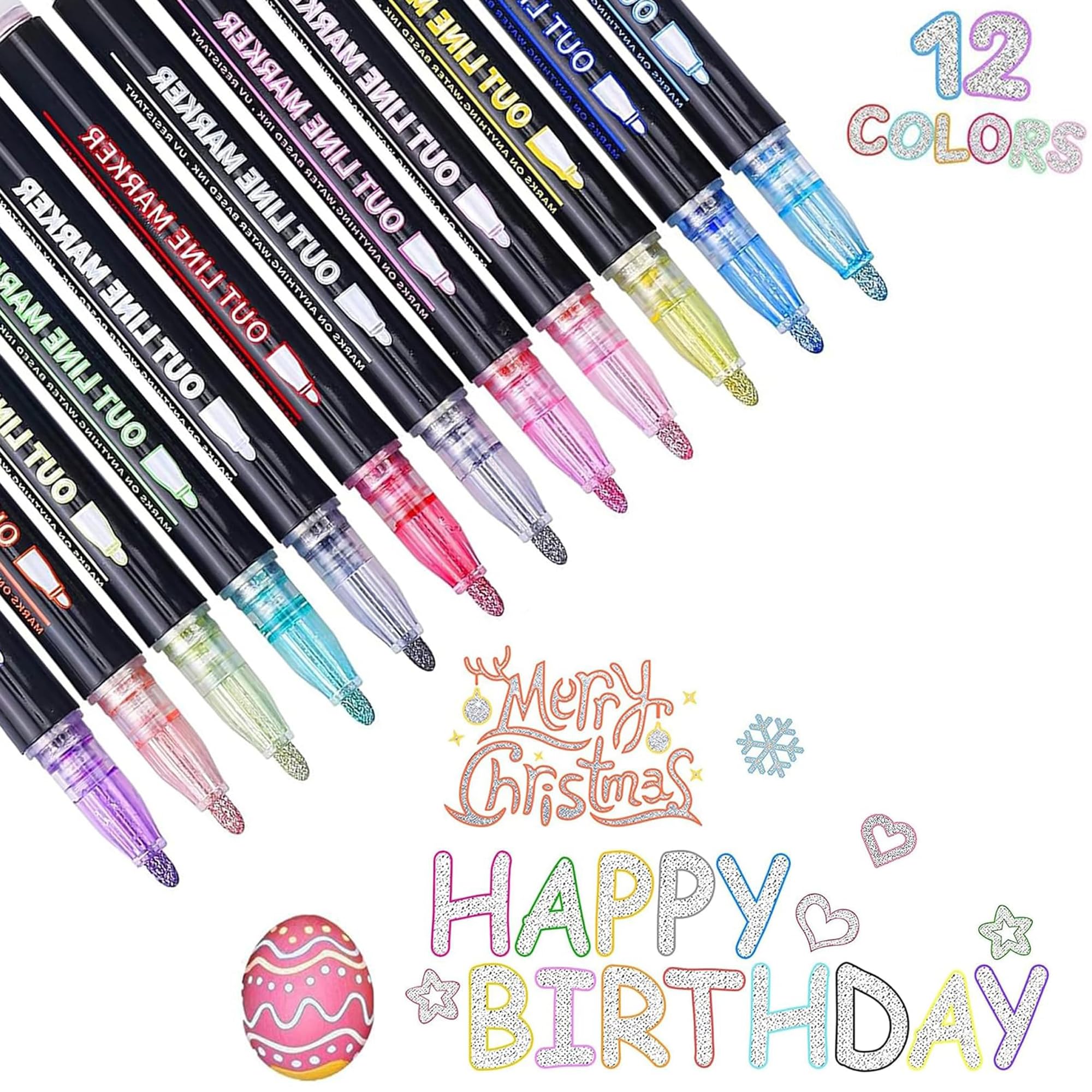 PCTC Double Line Metallic Markers | 12 Colors Self Outline Metallic ...