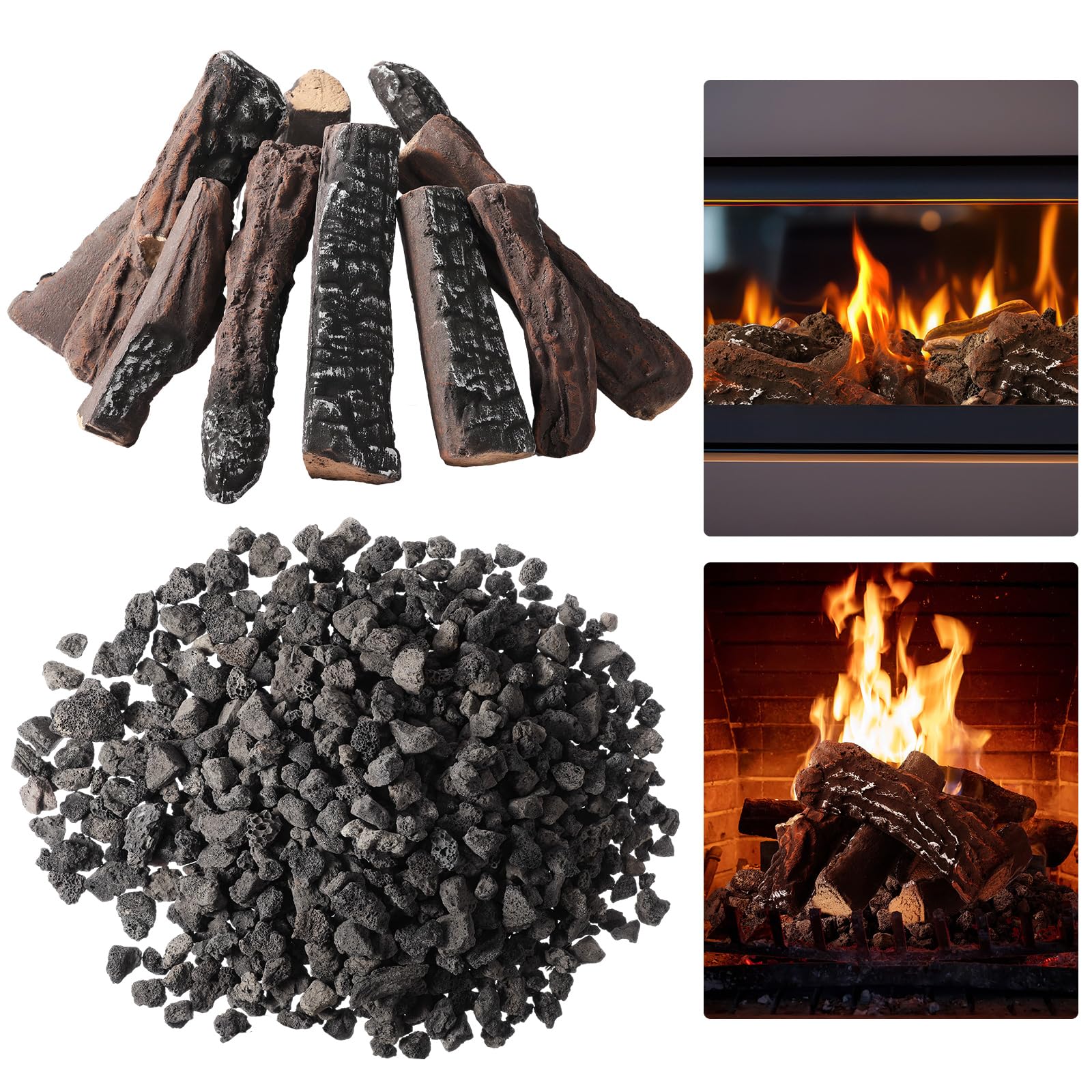 Sasylvia 10 Pcs Ceramic Logs for Gas Fireplace and 10 Lbs 0.8-1.6 ...
