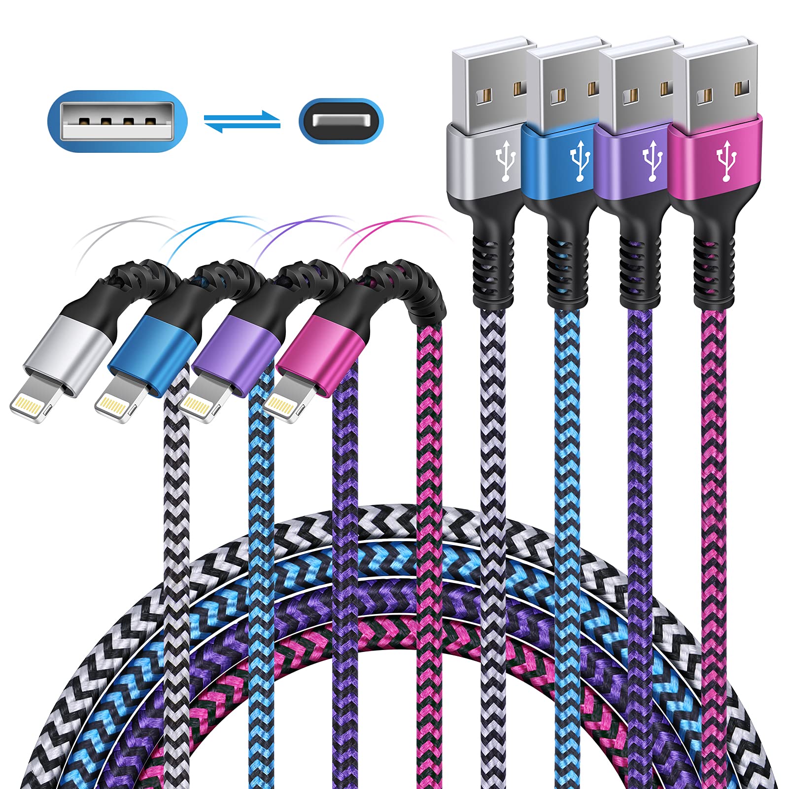 iPhone Charger 4Pack/3-6ft, Long Braided Lightning Cables, Fast ...
