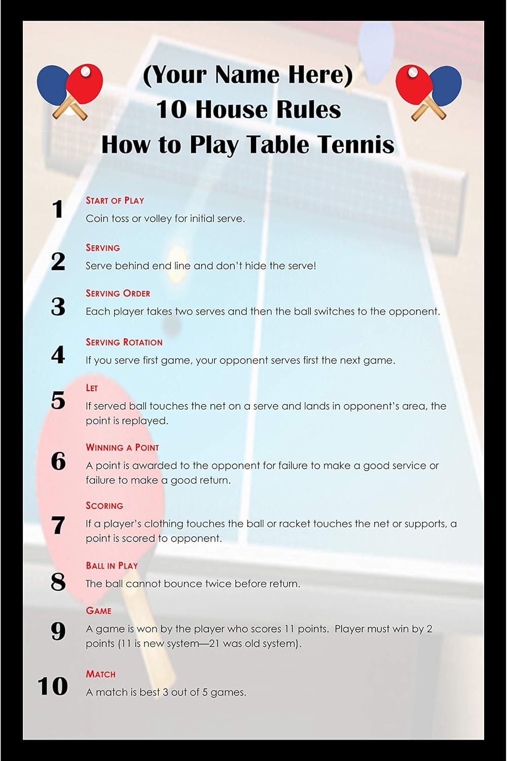 Amazon.com : Zieglerworld Personalized 10 Simple Table Tennis Ping Pong ...