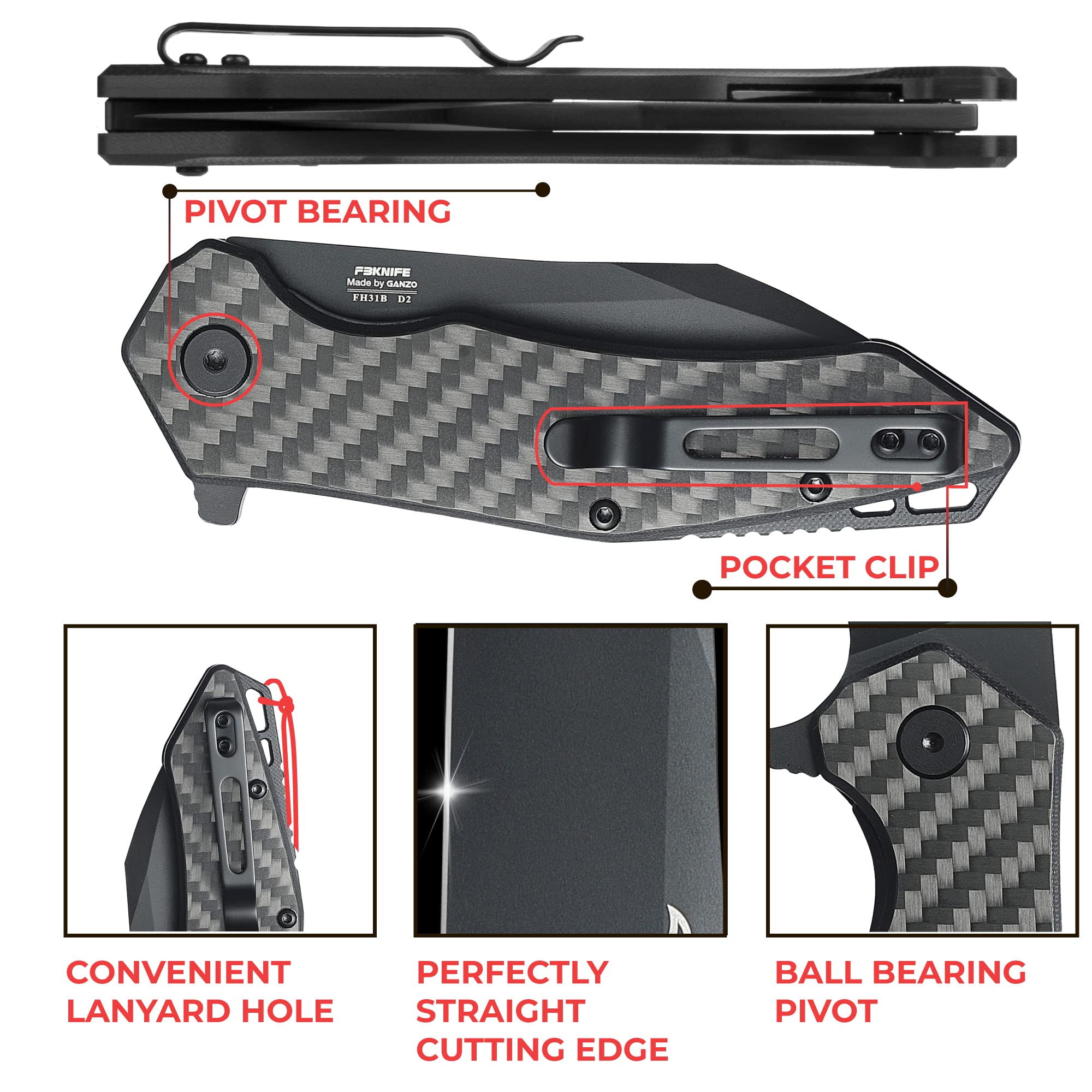 Firebird GANZO FH31B-CF Pocket Folding Knife Razor Sharp Wharncliffe D2 ...