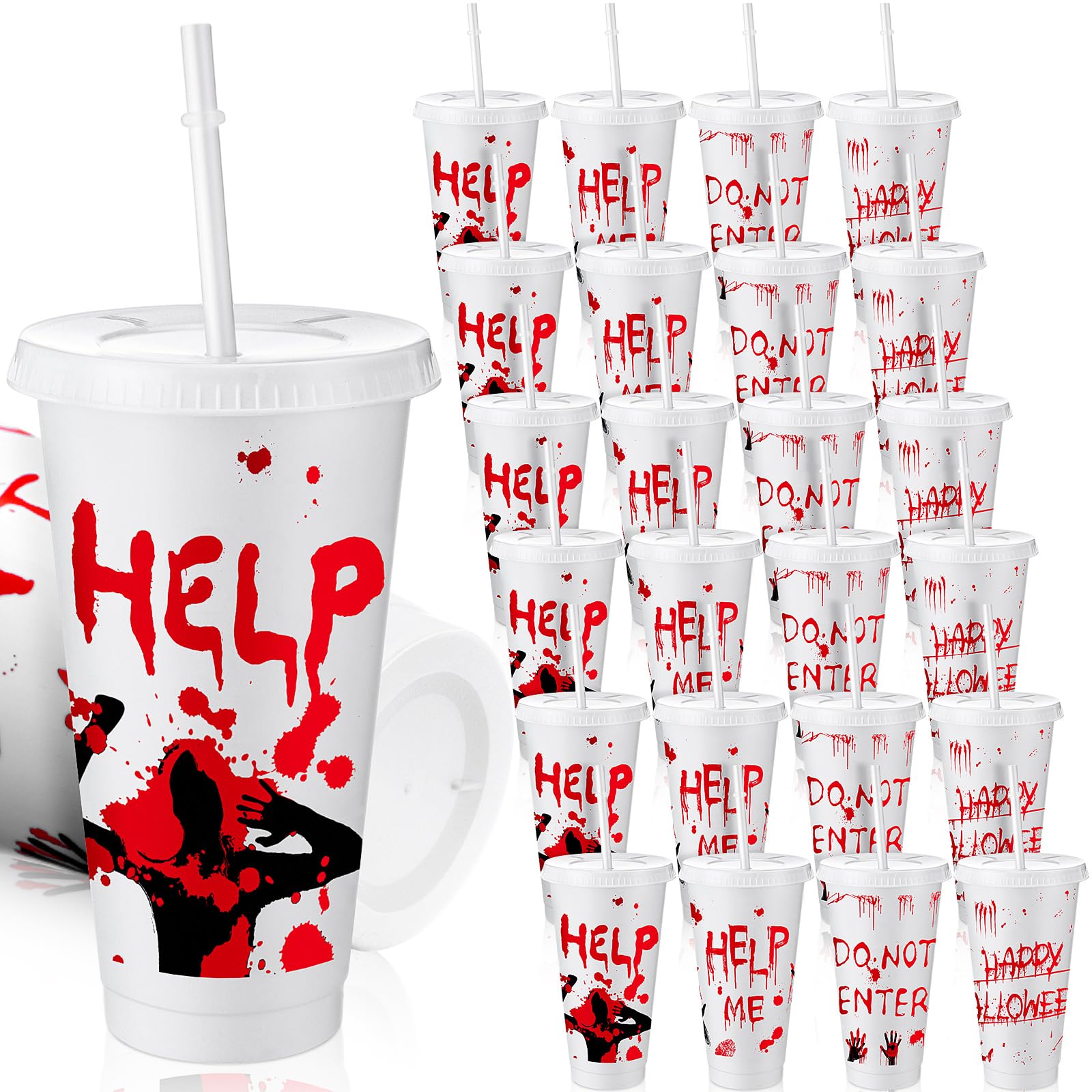 Dandat 24 Pcs Halloween Plastic Cups 24Oz Halloween Bloody Handprint ...