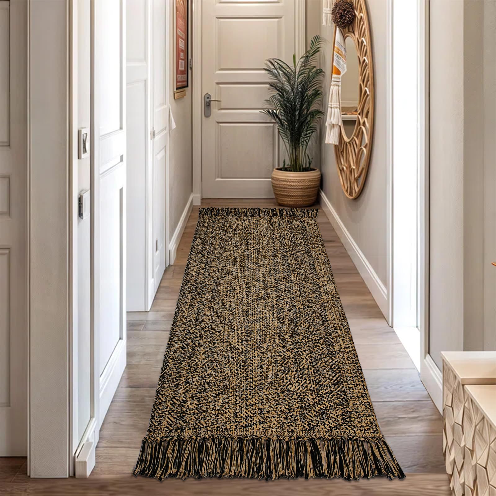 Washable Kitchen Runner Rug,2' x 5' Tan Black Reversible Bedroom Rug ...