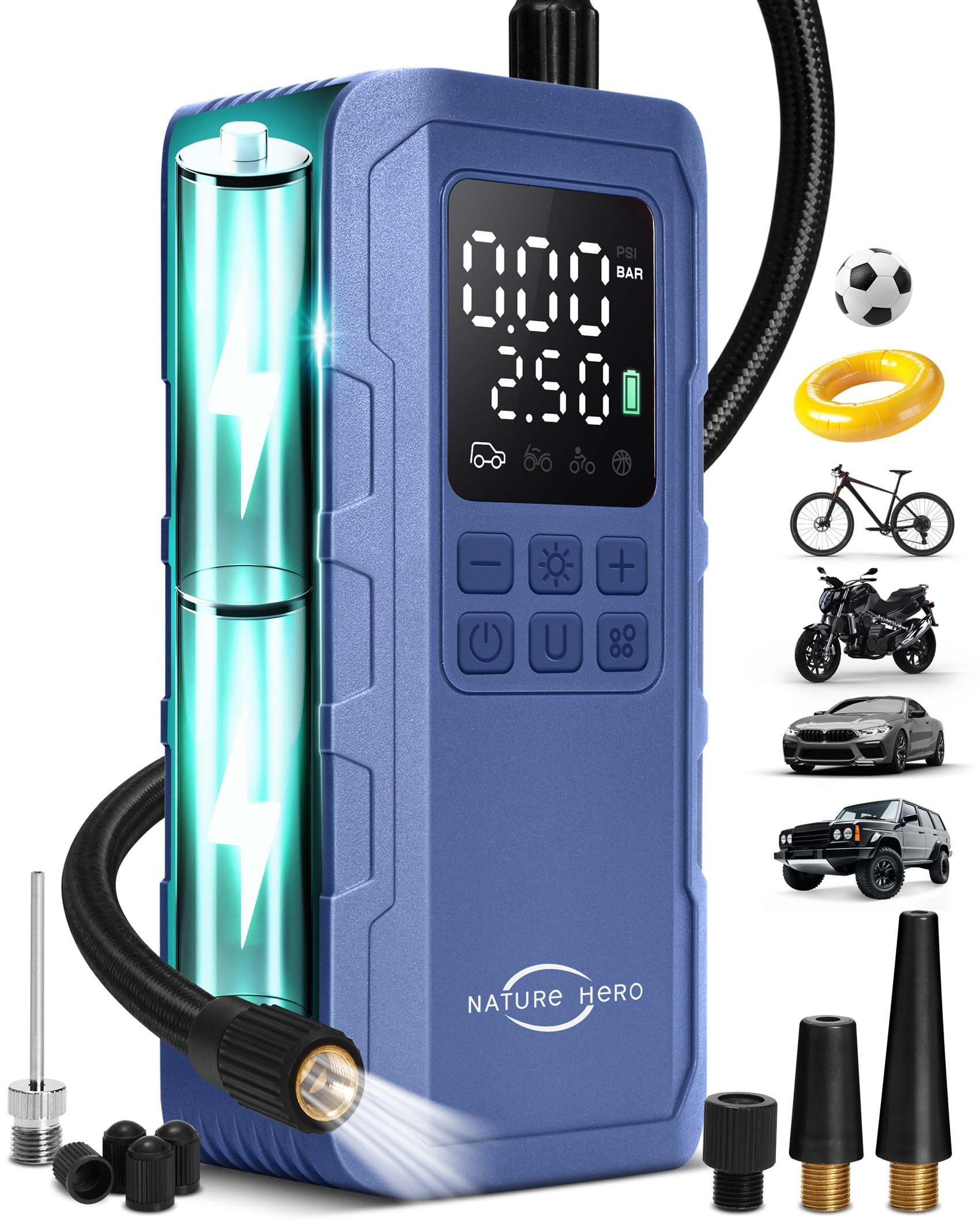 Nature Hero Tire Inflator Portable Air Compressor,150 PSI car tire air ...