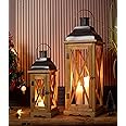 Amazon.com: Venalys Farmhouse Wooden Metal Candle Lantern Set of 2 ...