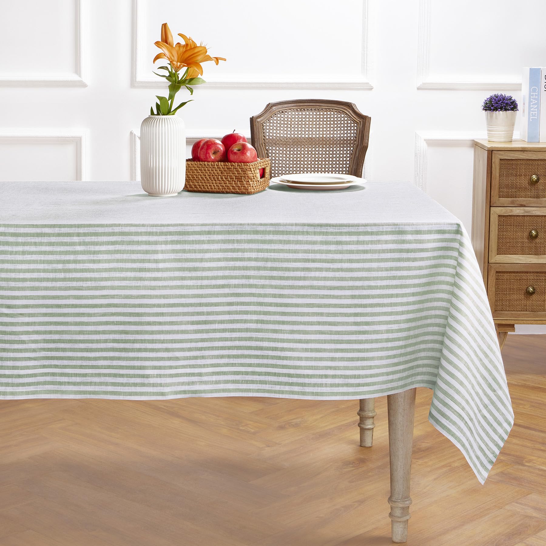 Solino Home Green and White Linen Tablecloth - 100% Pure Linen Stripe ...