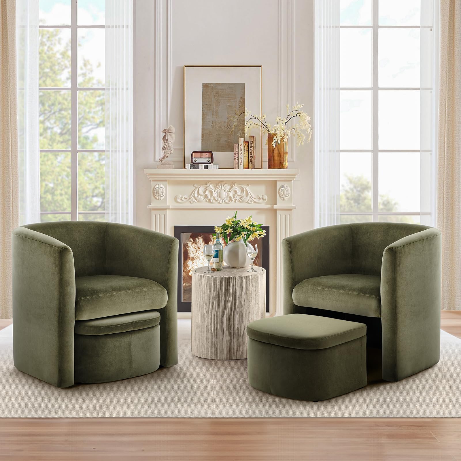 COLAMY Upholstered Velvet Barrel Accent Chair with Storage Ottoman Set ...