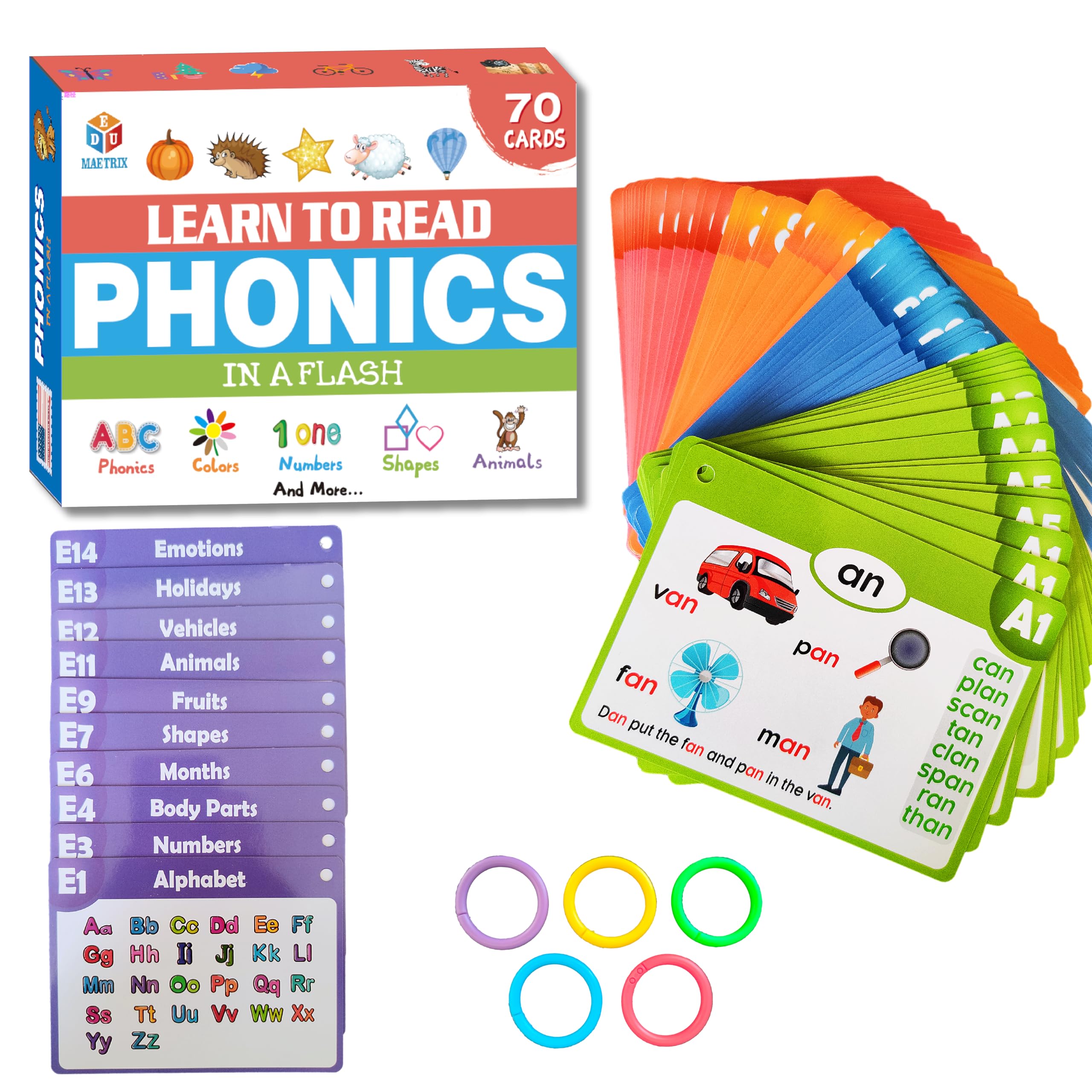 Mua 70PCS Phonics CVC Flash Cards Set 20 Phonic Stages Bonus 10 Life Skill Cards Sorting Rings ...