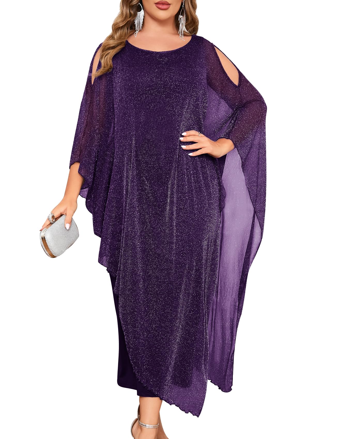 ZOMVA Plus Size Elegant Formal Dress Long Cape Overlay Wedding Guest ...
