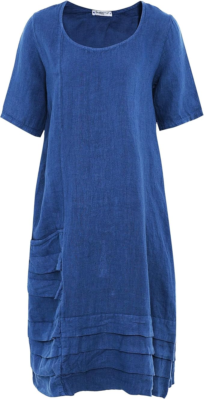 Blueberry Italia Women's Linen Pleated Hem Dress Blue Small at Amazon ...