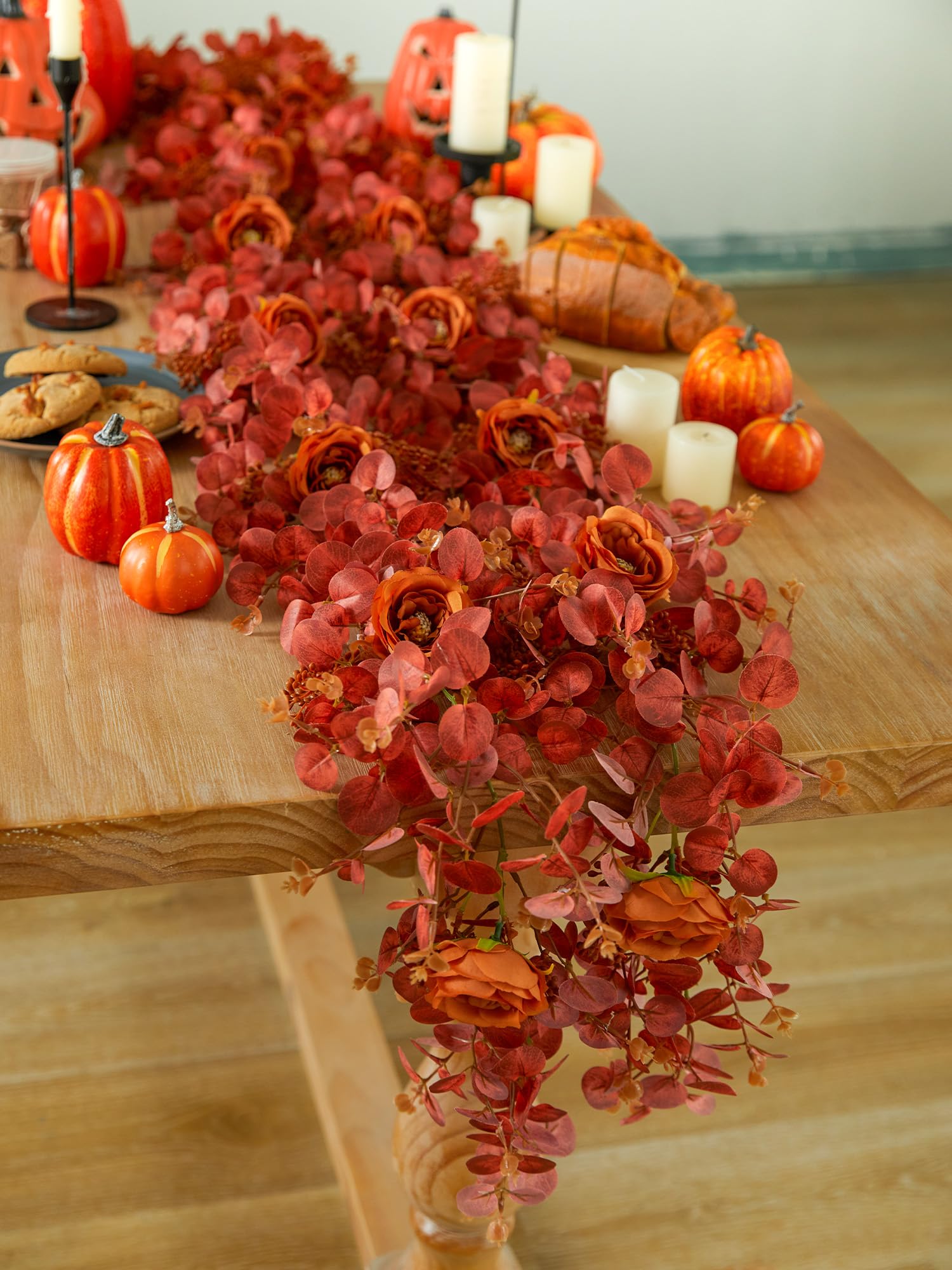 PARTY JOY 6.56ft Fall Decor Orange Eucalyptus Garland with Flowers 8 ...
