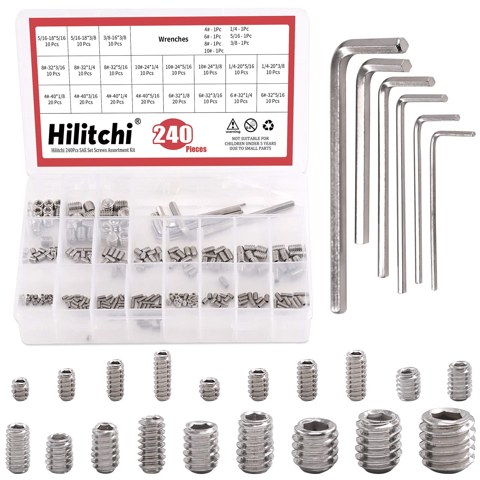 Hilitchi 240Pcs 19Sizes SAE Stainless Hex Allen Head Socket Set Screws ...