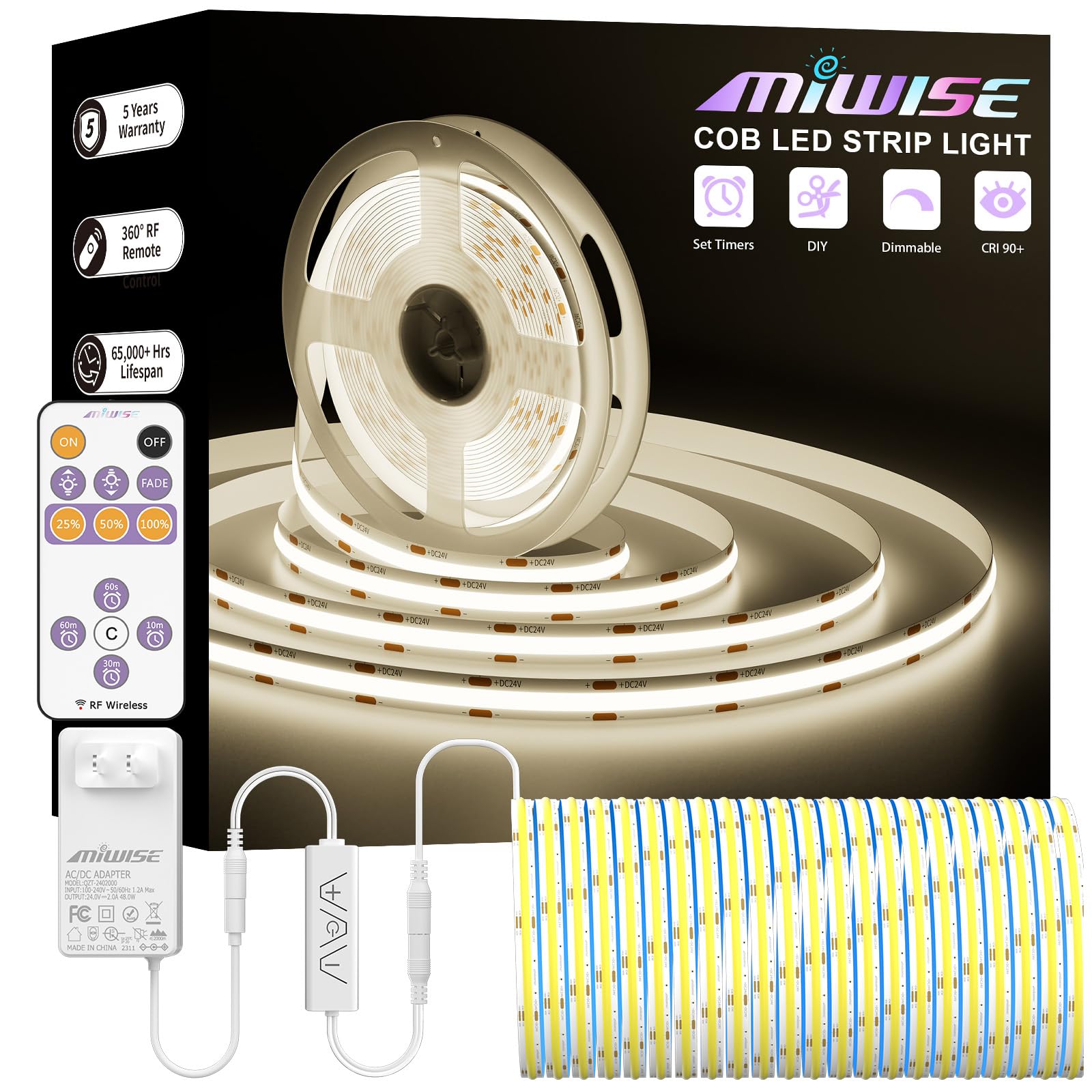MIWISE COB LED Strip,4000K Natural White 20ft/6.1m,Dimmable Super ...