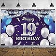 Amazon.com: Happy 19th Birthday Banner Backdrop Navy Blue Balloons Confetti Stripe Flag Light ...