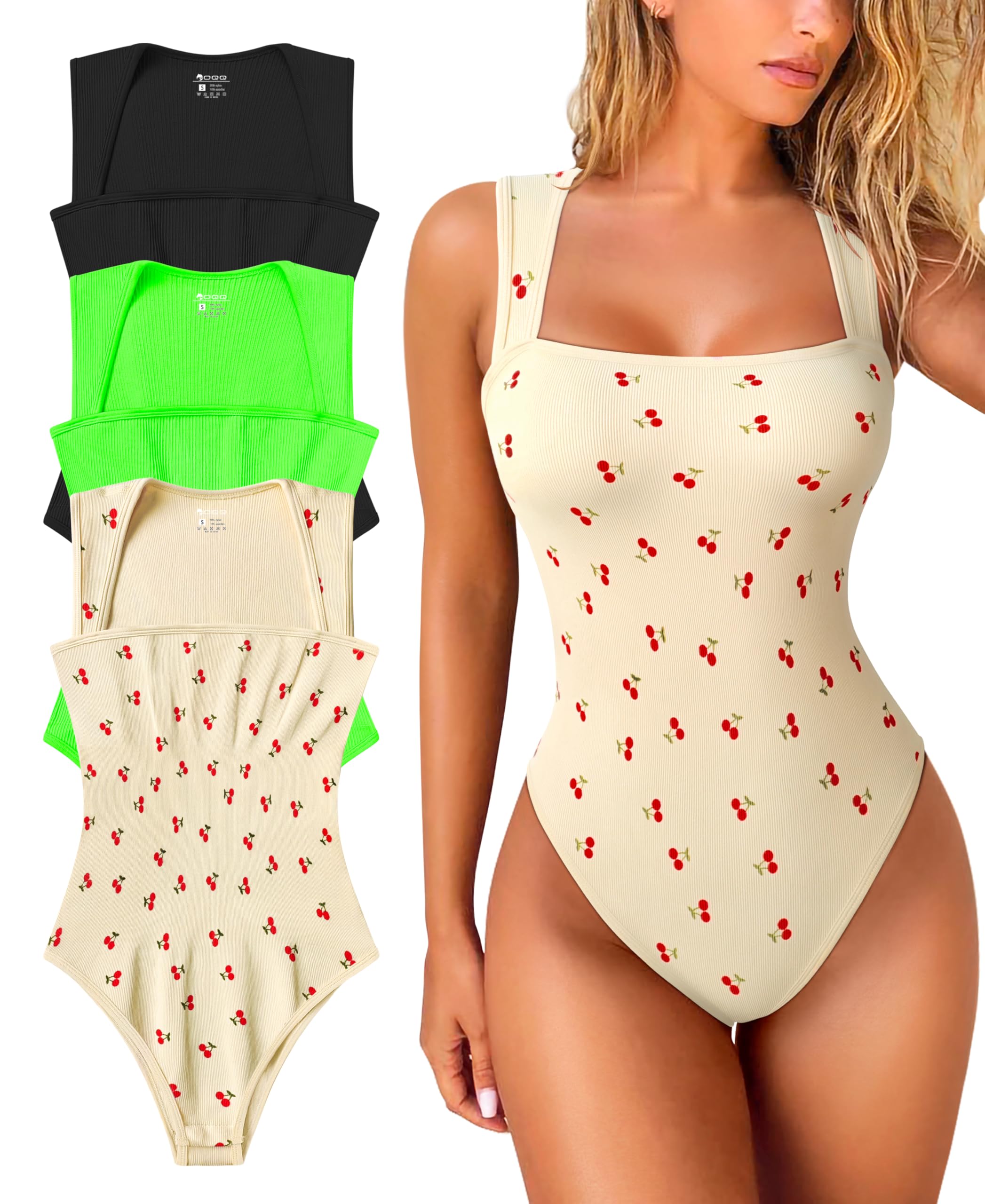 OQQ Women's 3 Piece Bodysuits Sexy Ribbed Strappy Square Neck Sleeveless Tummy Control Tank Tops ...