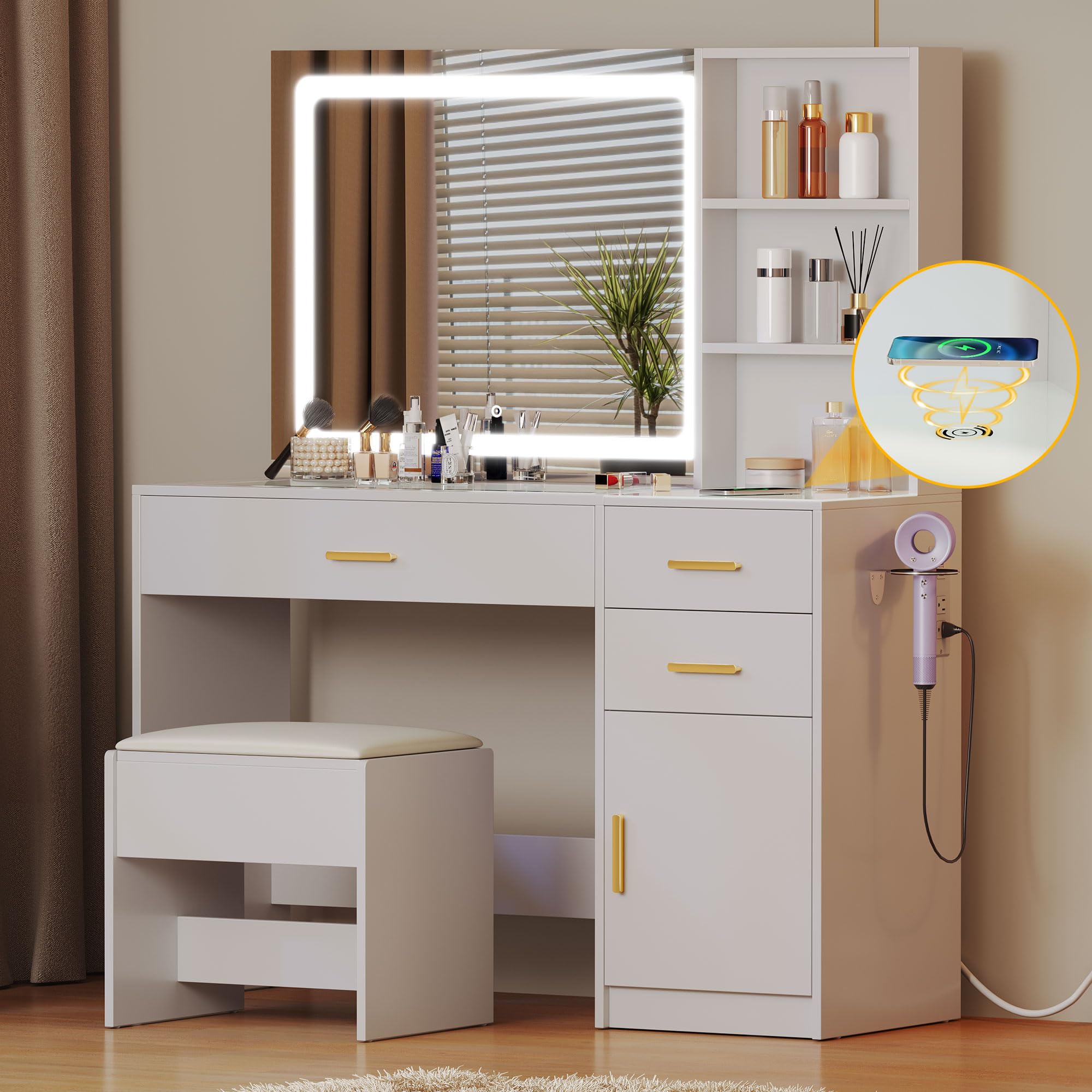 DWVO 45" W Vanity Desk w/Wireless Charging Station & Power Outlet ...