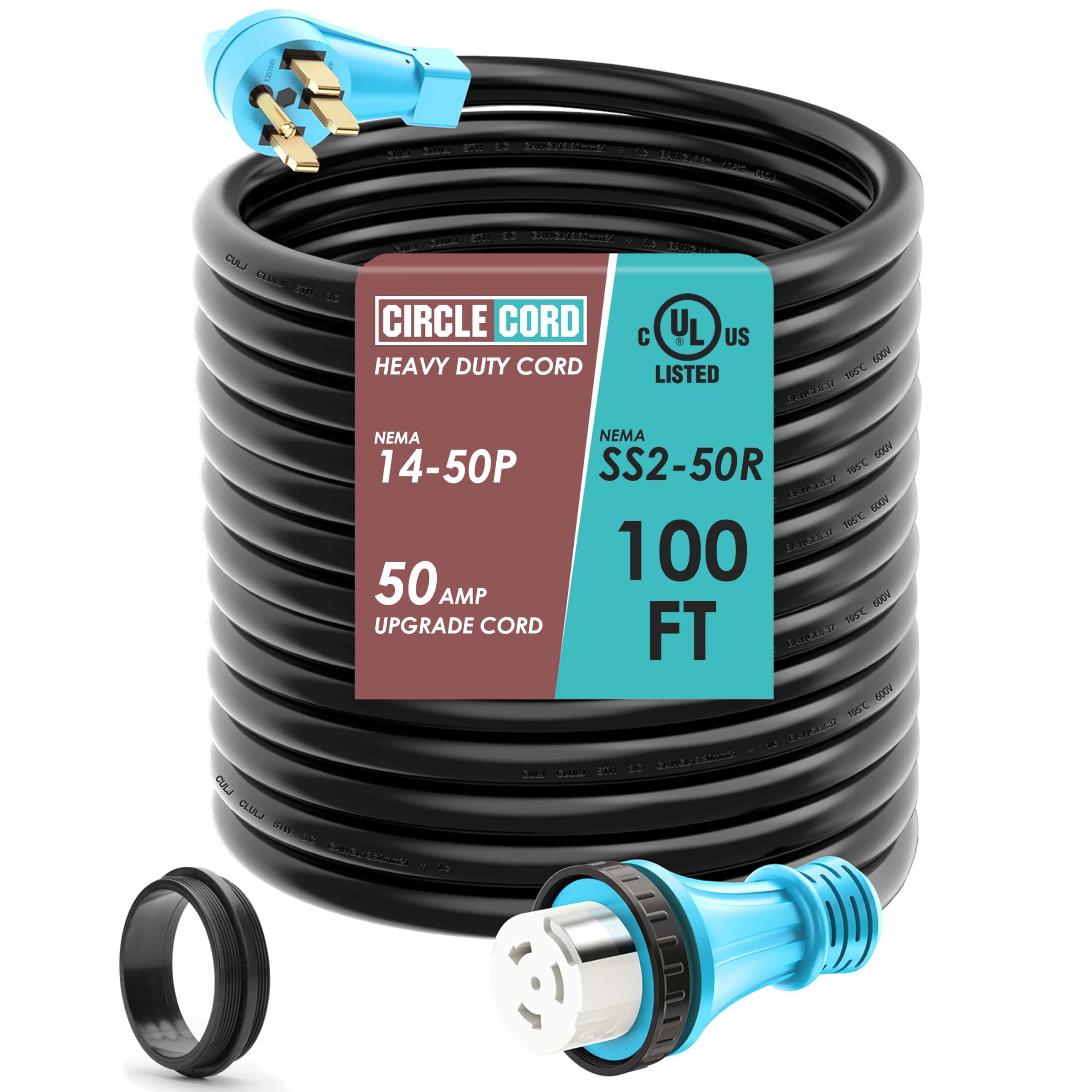 CircleCord UL Listed 50 Amp 100 Feet RV/Generator Cord with Locking ...