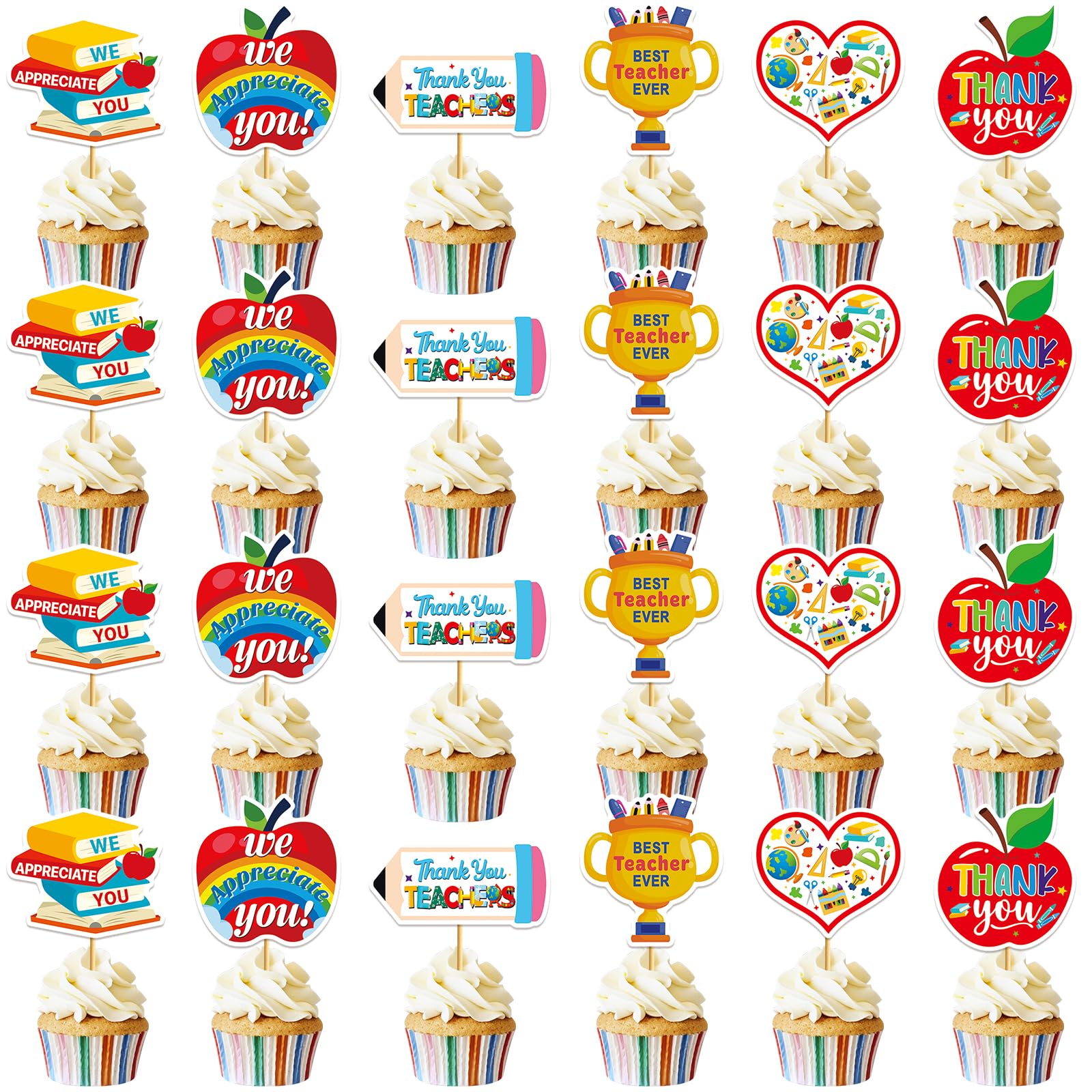 24Pcs Thank You Teacher Cupcake Toppers Thank You Cupcake Toppers ...