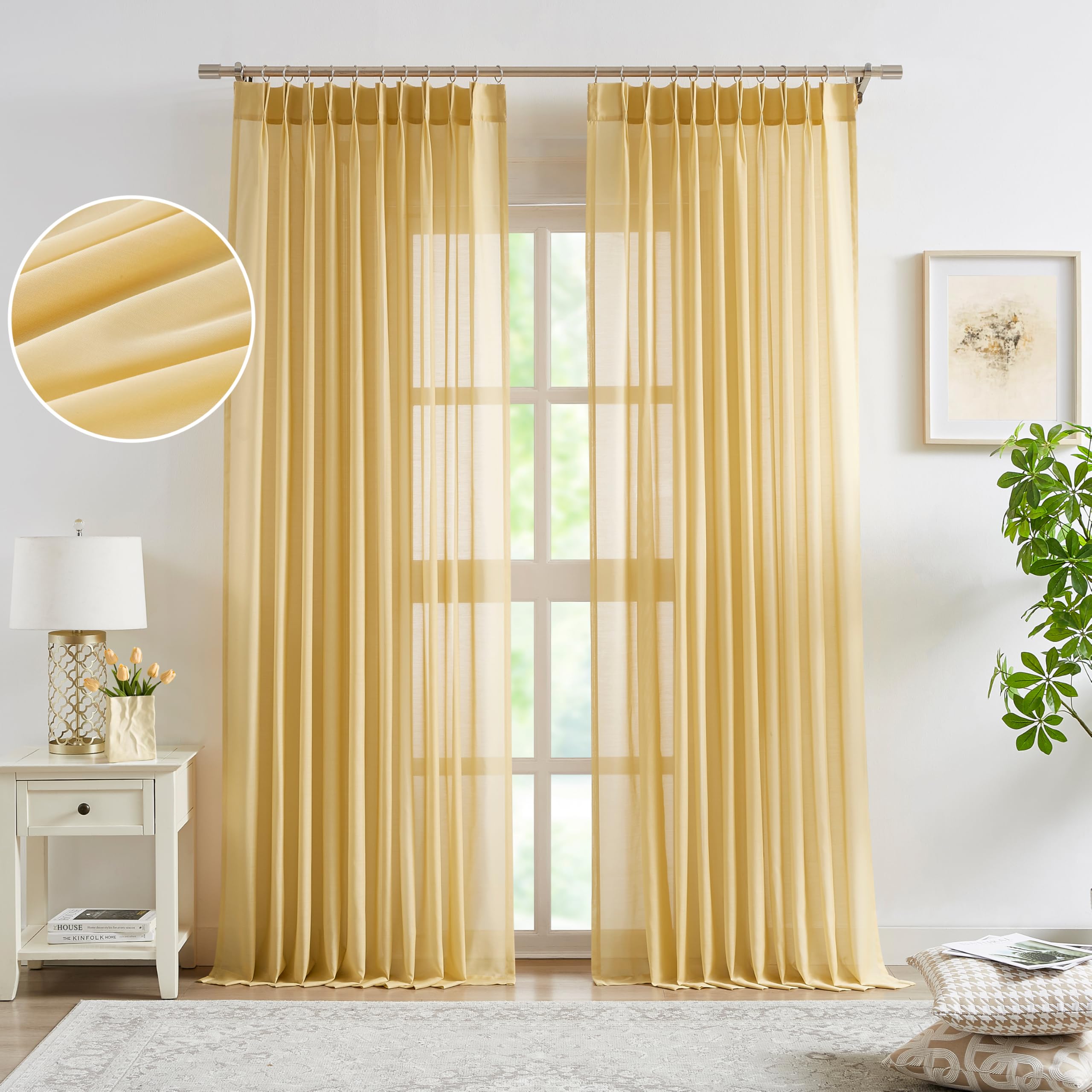 WEST LAKE Yellow Pinch Pleated Sheer Curtains 95 Inches Long,Solid ...