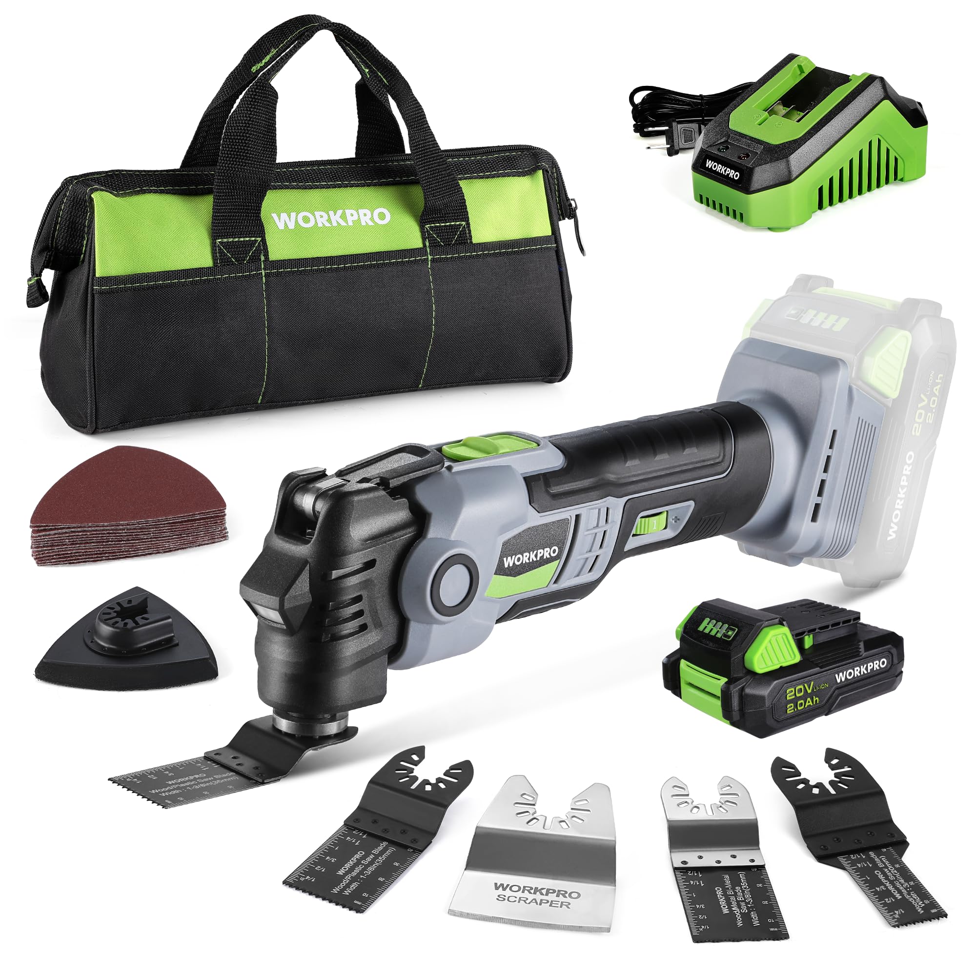 WORKPRO 20V Oscillating Tool Kit, Cordless and Brushless 19,000 RPM ...