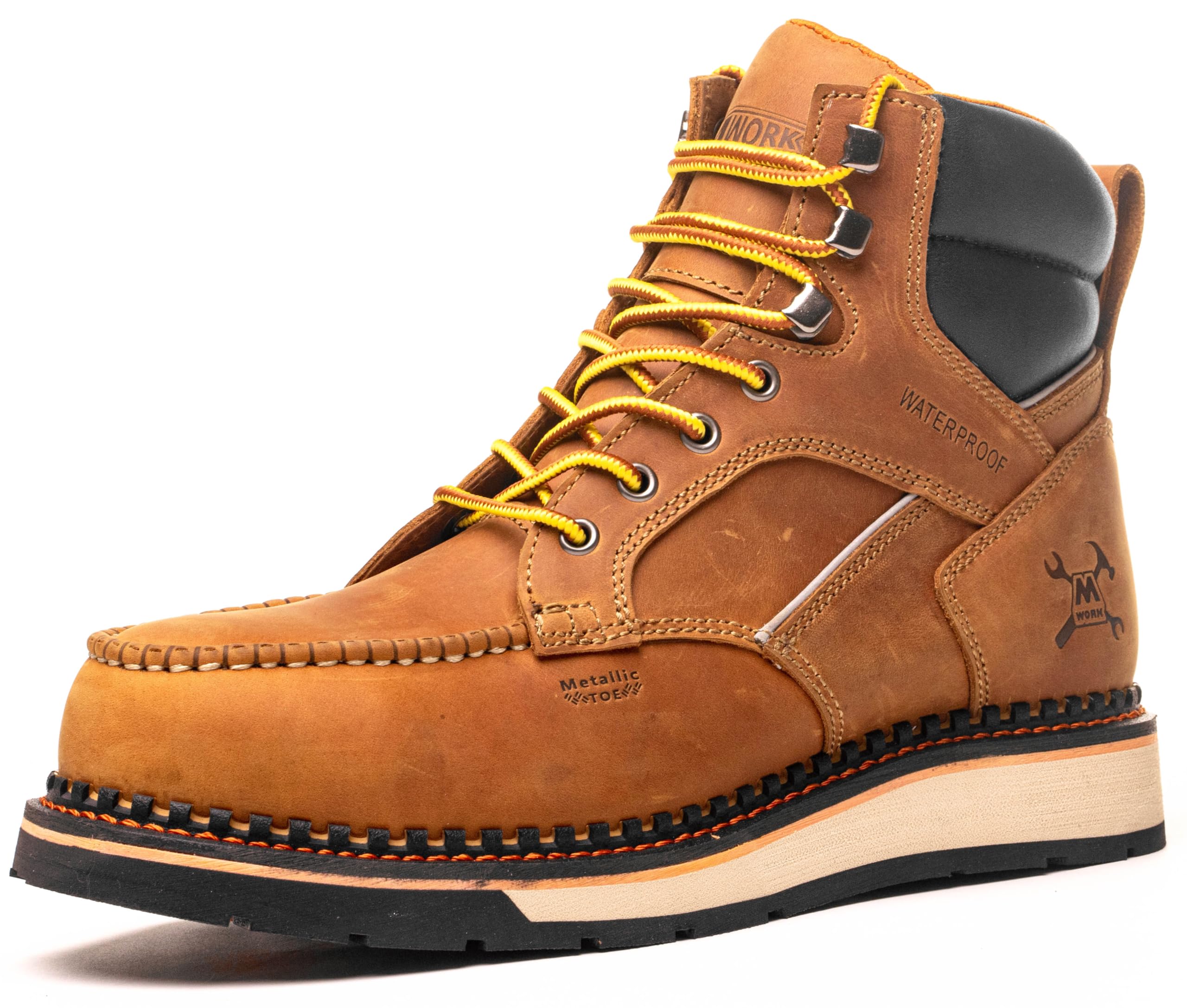 MWORK 6" Moc Toe Work Boots For Men Wedge Sole Leather Waterproof ASTM F2413-18 Safety Metallic ...