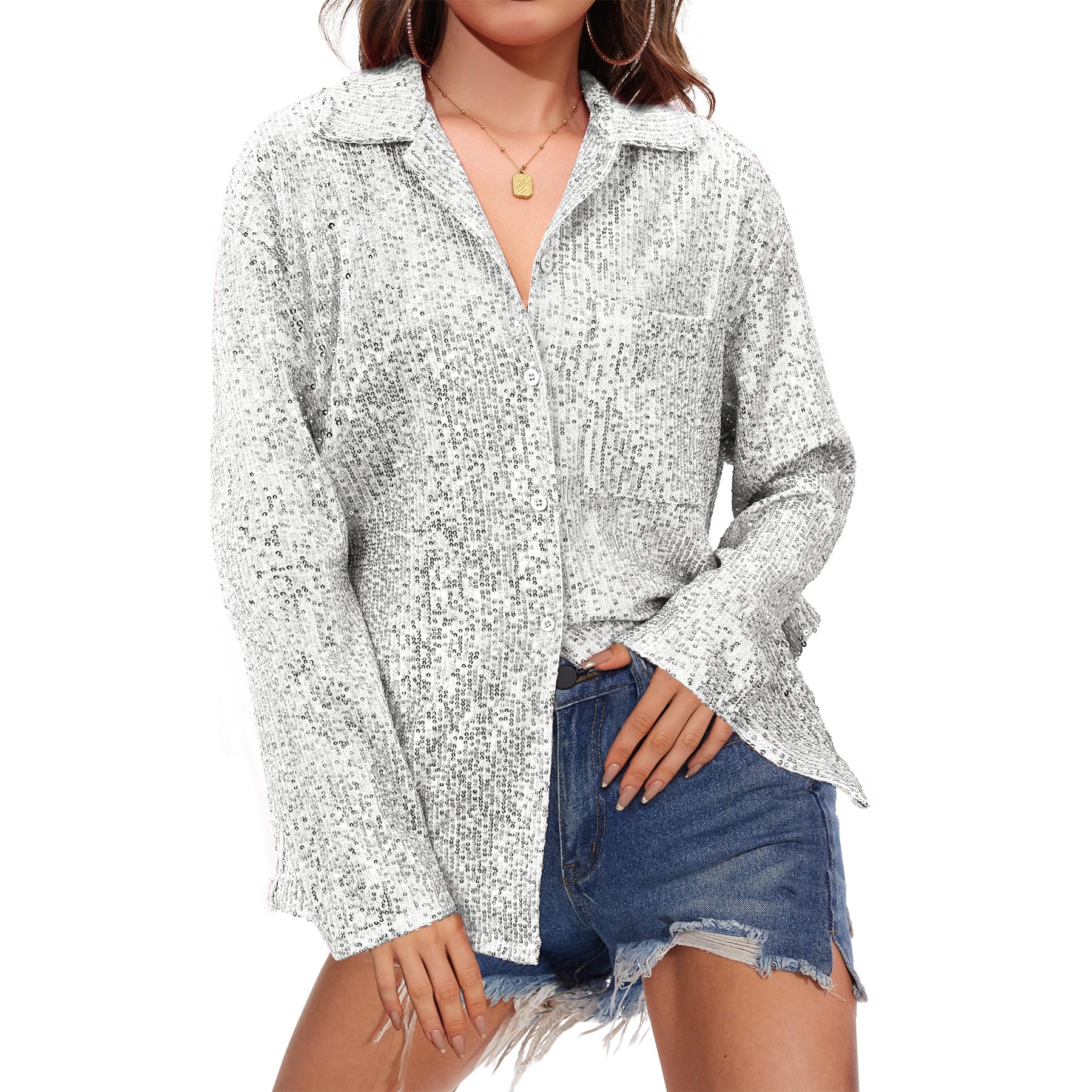 Zando White Sequin Top for Women - Sparkly Shirt, Party Night Sparkle ...