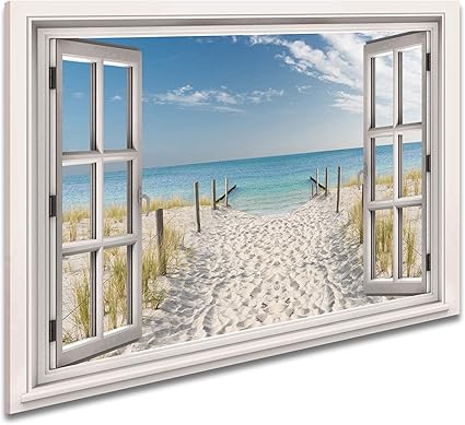 Ayra- Leinwandbild Wandbild Fensterblick Keilrahmenbild Strand Nordsee Meer- fertig gerahmt ...