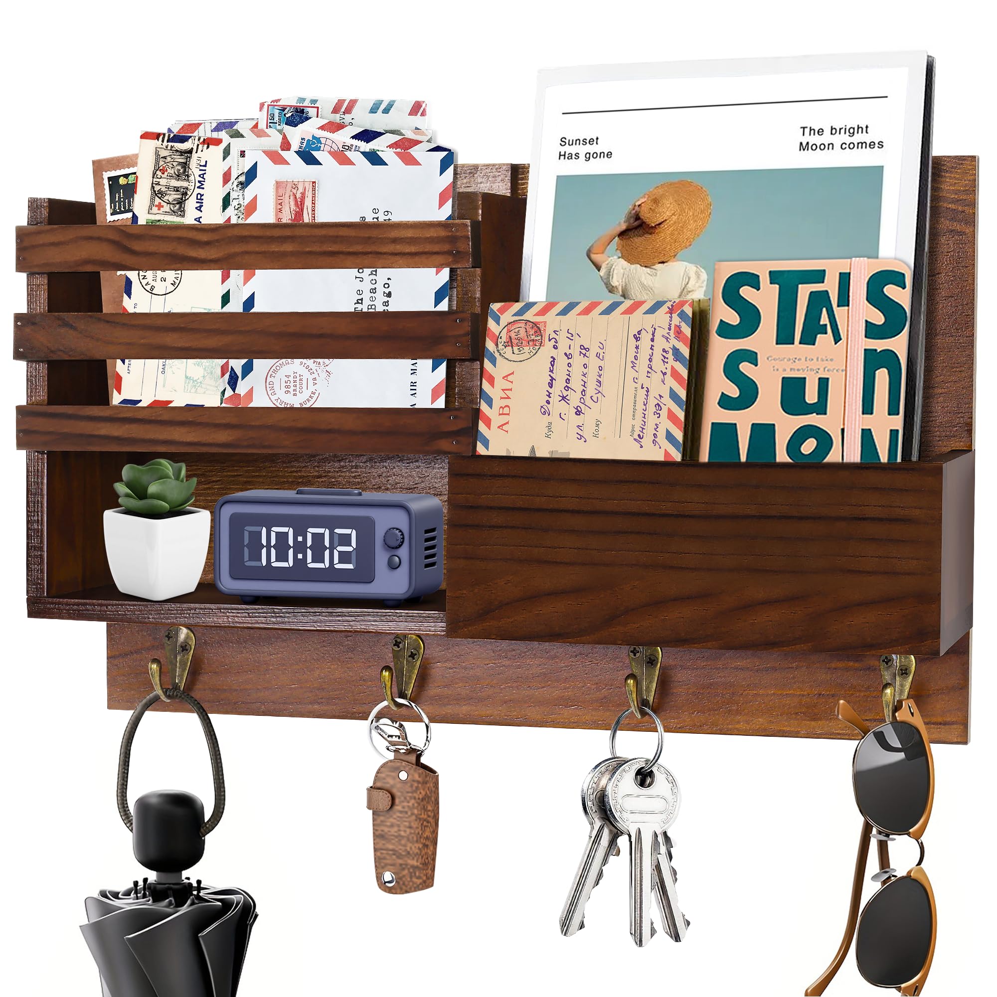 Key Holder Wall Mount, Mail Organizer with Key Hooks, Solid Wood Mail ...