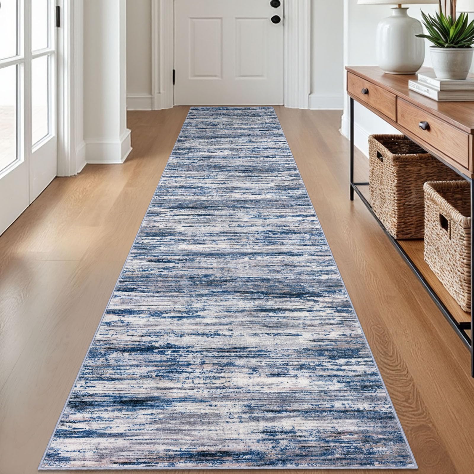 SIILOOM 2x12 Navy Blue Gray Neutral Multi Modern Abstract Runner Rug ...