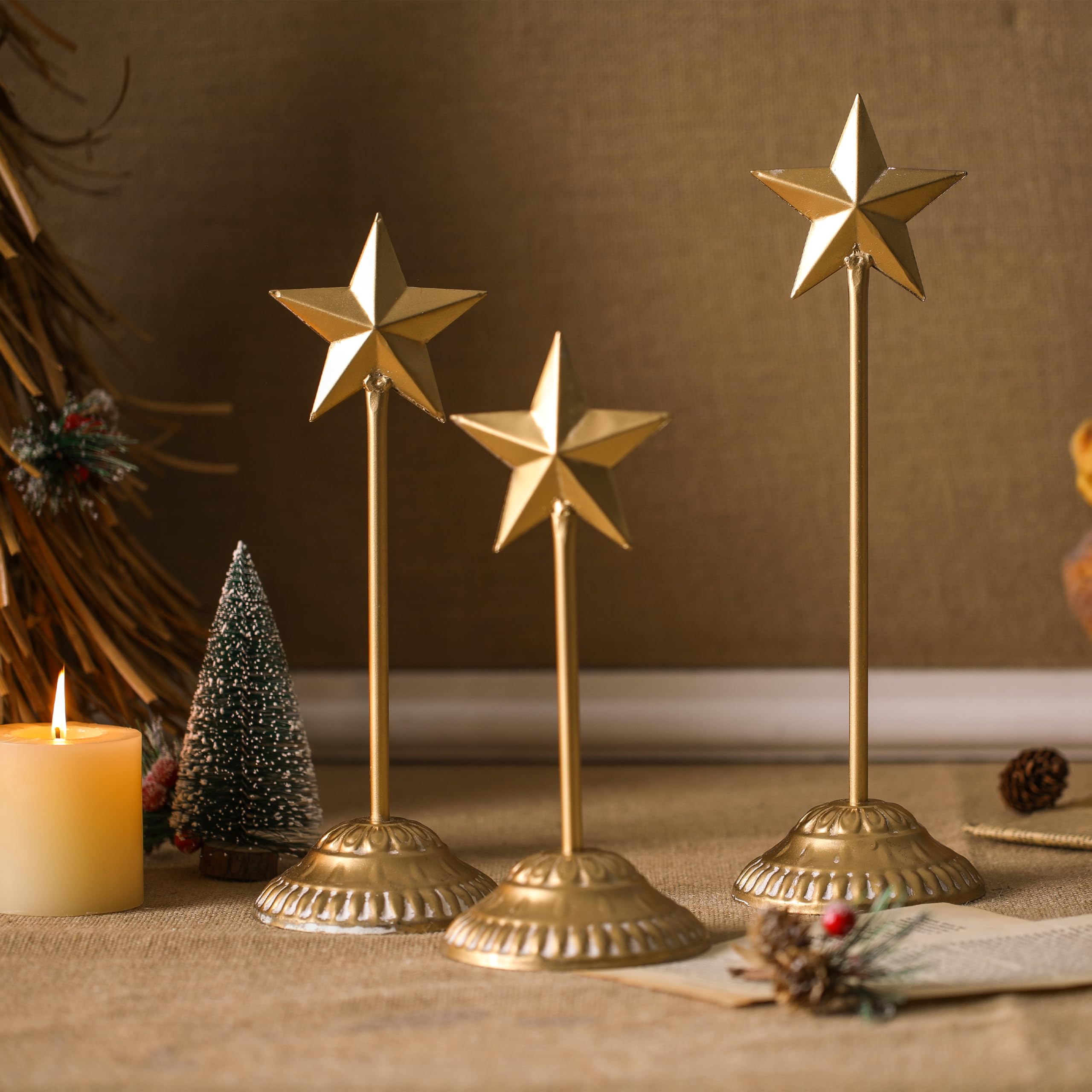 SOFE Standing Gold Star Christmas Sign Set of 3, Metal Farmhouse Star ...