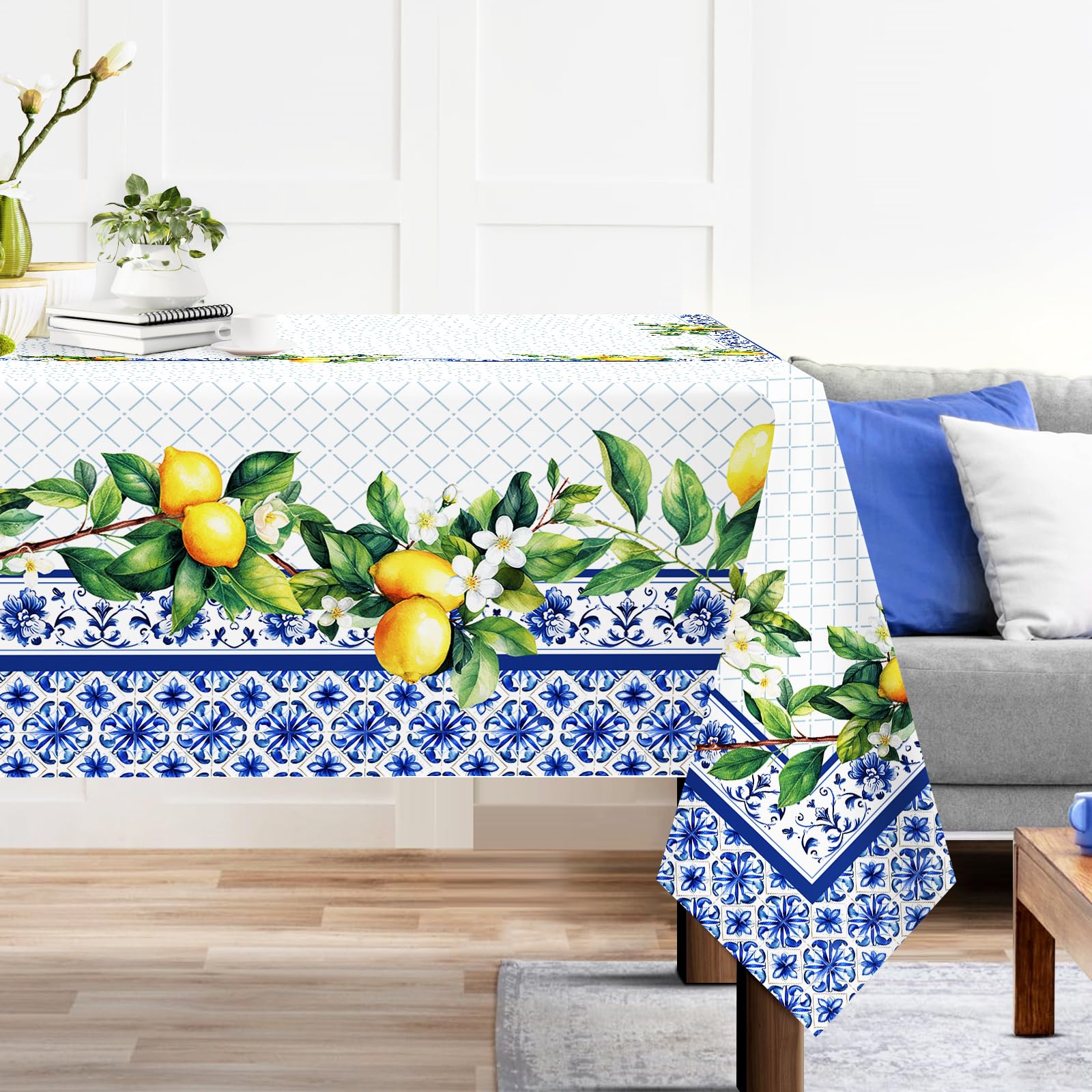 Arquiel Spring Summer Tablecloth 60×84 inch, Waterproof Blue Lemon ...