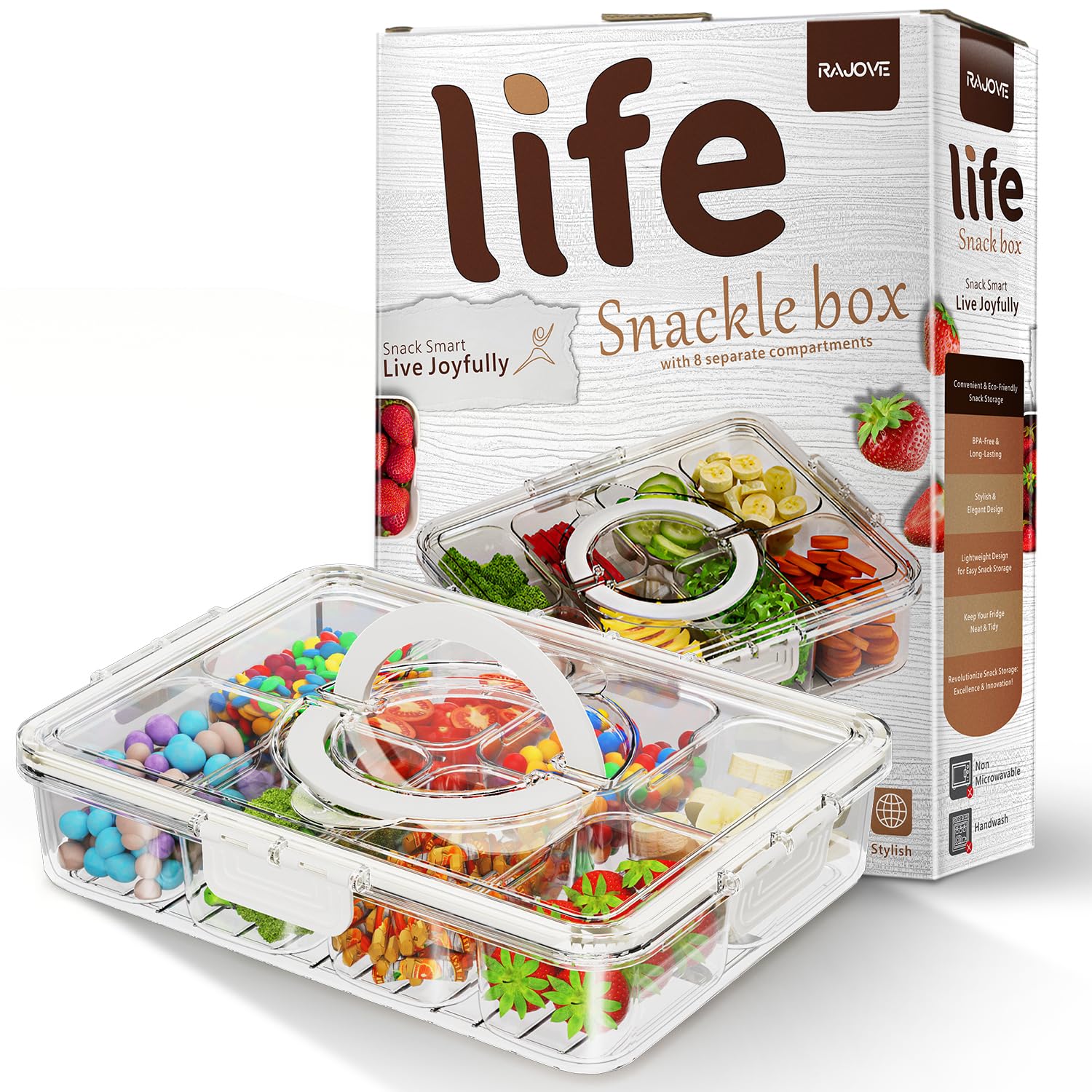 RAJOVE Snackle Box Container, Transparent Divided Serving Tray with Lid ...