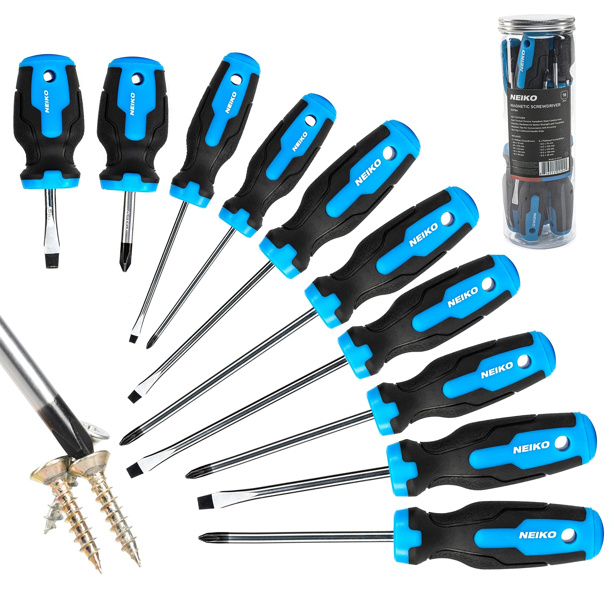 NEIKO 01378A Magnetic Screwdriver Set | 10 Piece | Phillips & Flathead ...