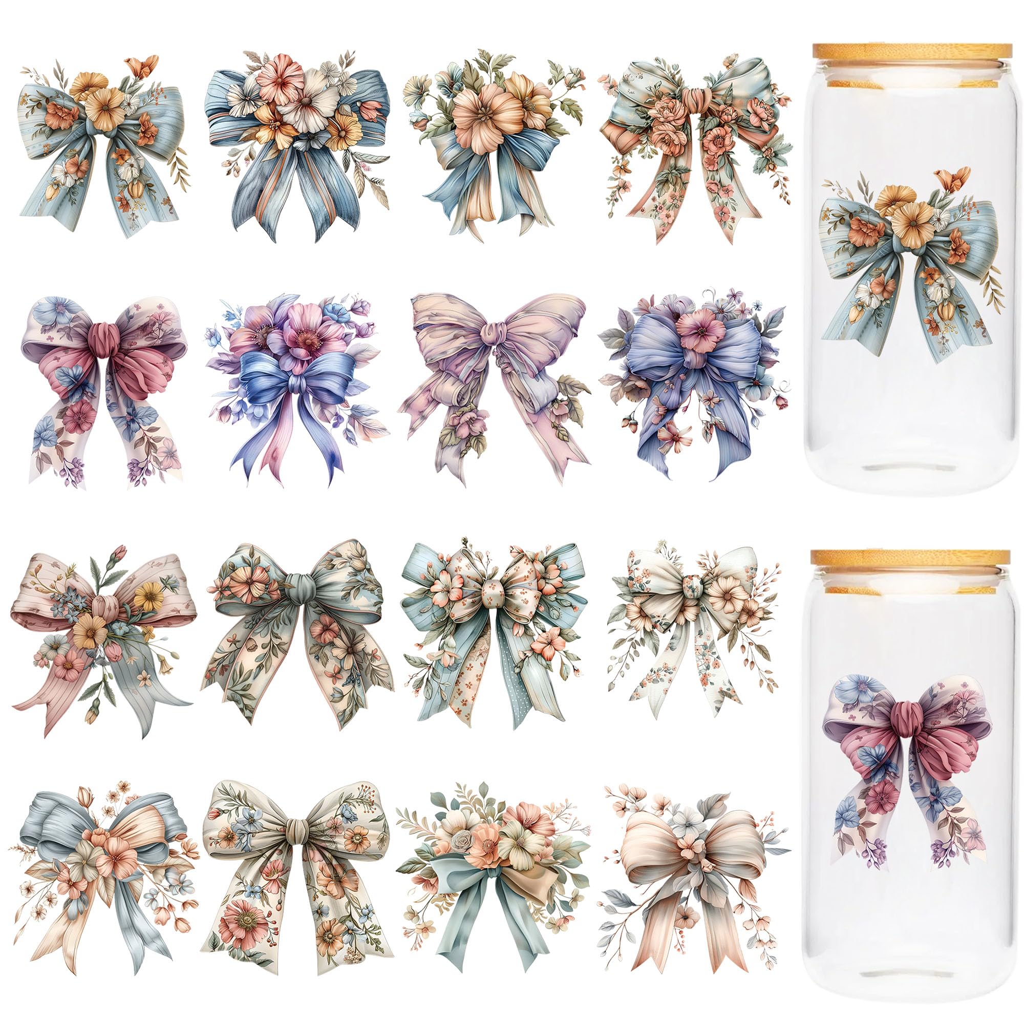 Bow UV DTF Cup Wraps - 16 Sheet Flower Bow UV DTF Transfer Stickers ...
