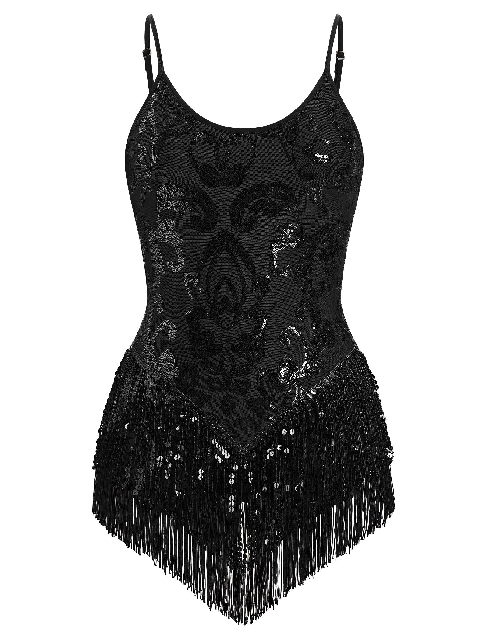 IBAKOM Women Sexy Shiny Sequins Fringe Bodysuit Sparkly Tassel Latin ...