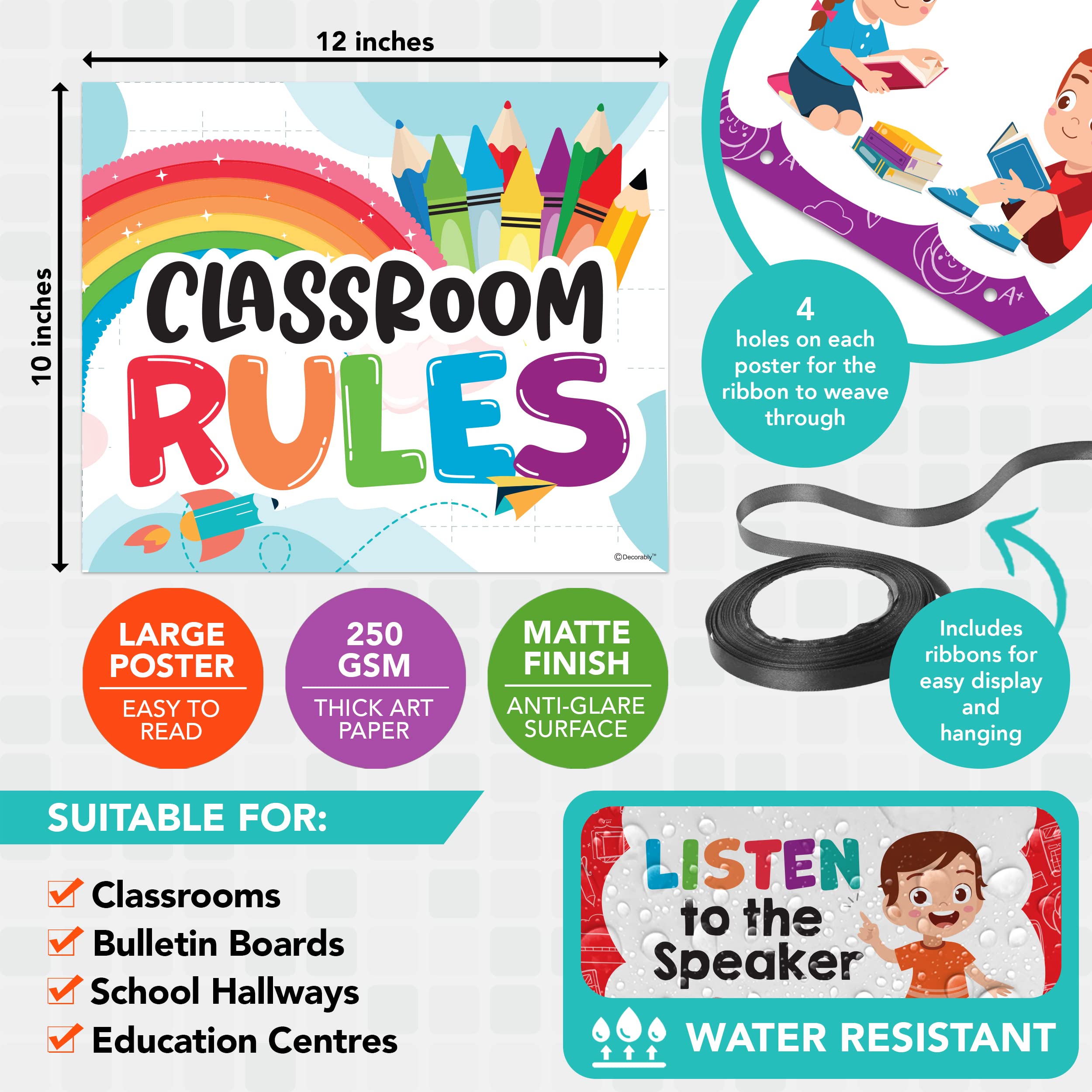 Mua Decorably 12 Hanging Colorful Classroom Rules Poster Set with ...