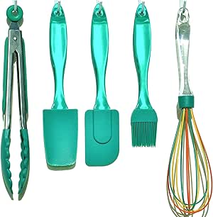Amazon.com: 5 Piece Teal Turquoise Bamboo Silicone Kitchen Tool Utensil ...