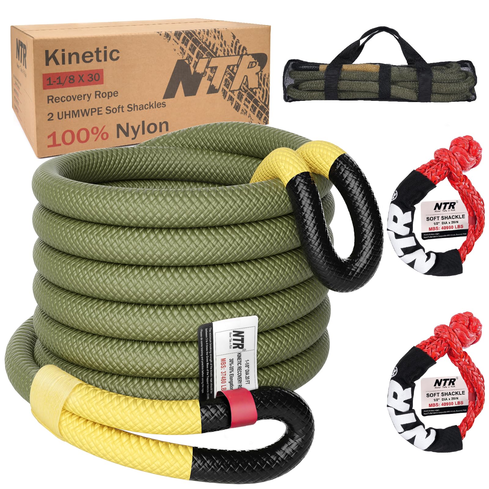 NTR 1-1/8" x 30' Kinetic Recovery Tow Rope (37,480lbs), with 2 UHMWPE ...