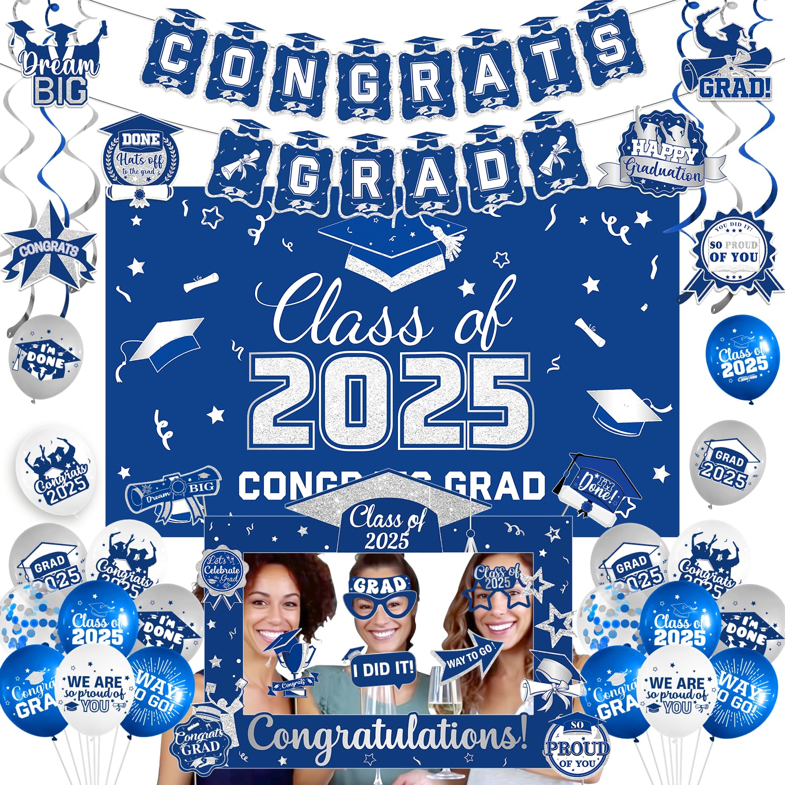 Blue and White Congrats Grad Banner Class of 2025 Decorations ...