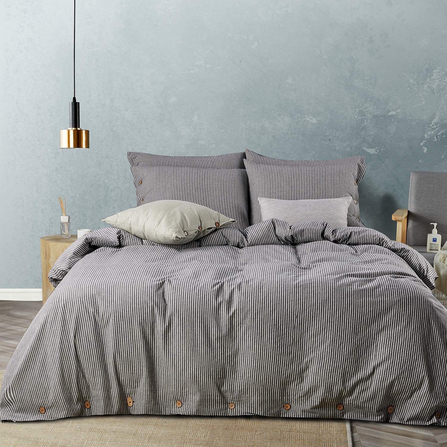 JELLYMONI Pinstriped 100% Washed Cotton Linen Like Duvet Cover Set, 3 ...
