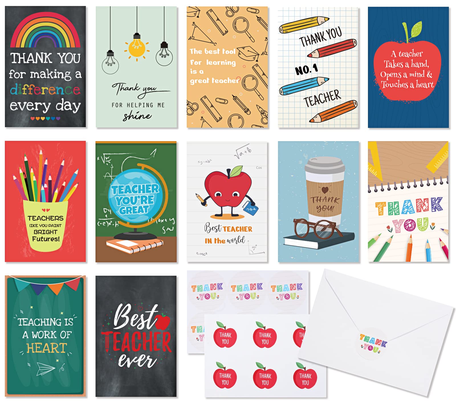Hunanyume 12 Teacher Appreciation Cards with Envelopes, Stickers ...