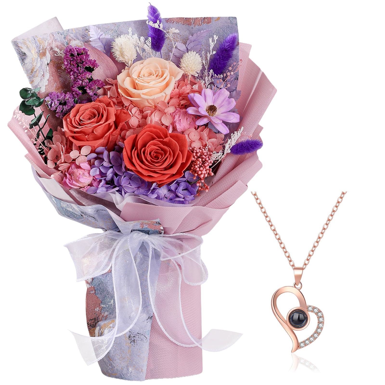 Eslibin Preserved Rose Birthday Flowers Bouquet with Necklace-Fresh Cut ...