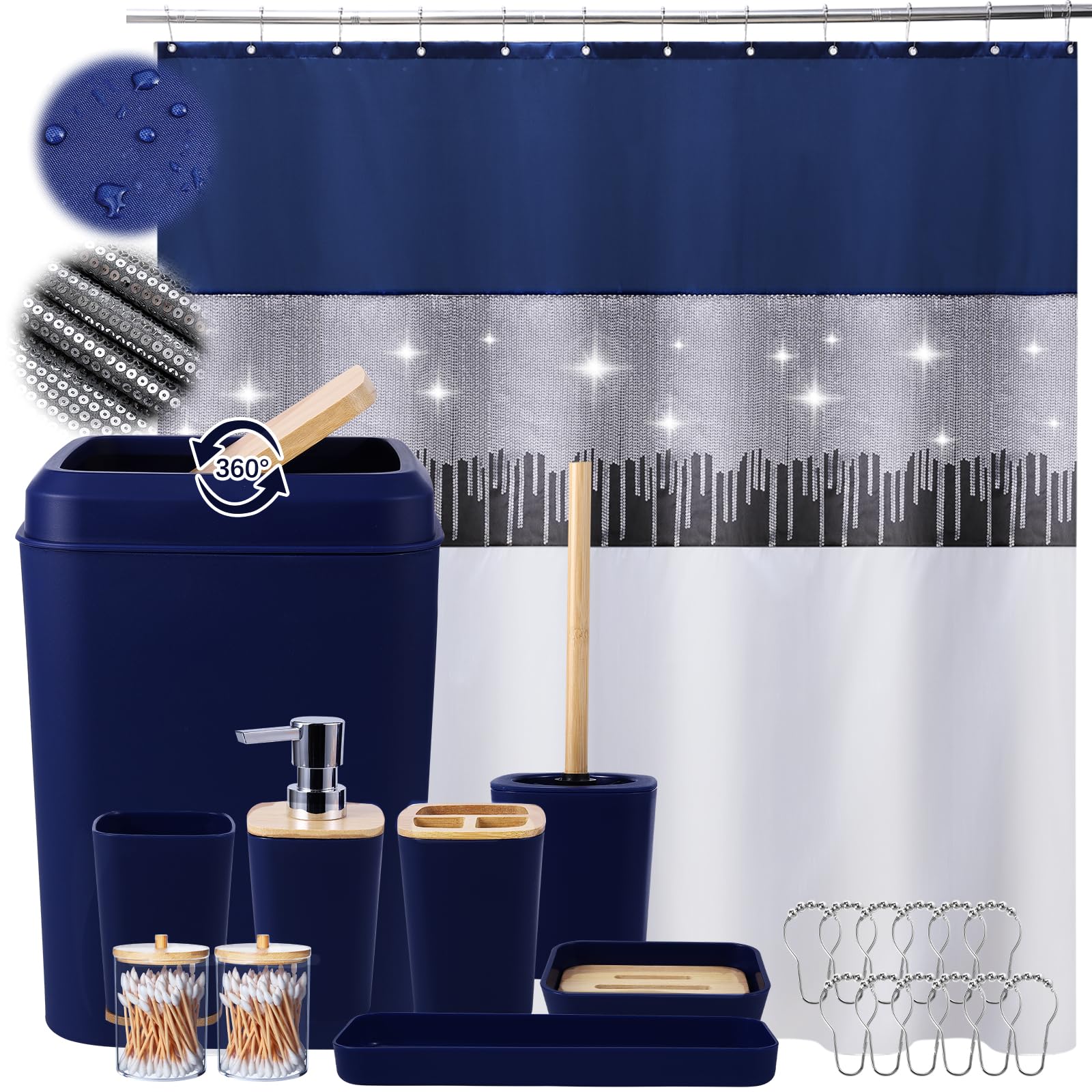 Navy Blue Bathroom Accessories Set Complete with Sequin Shower Curtain ...