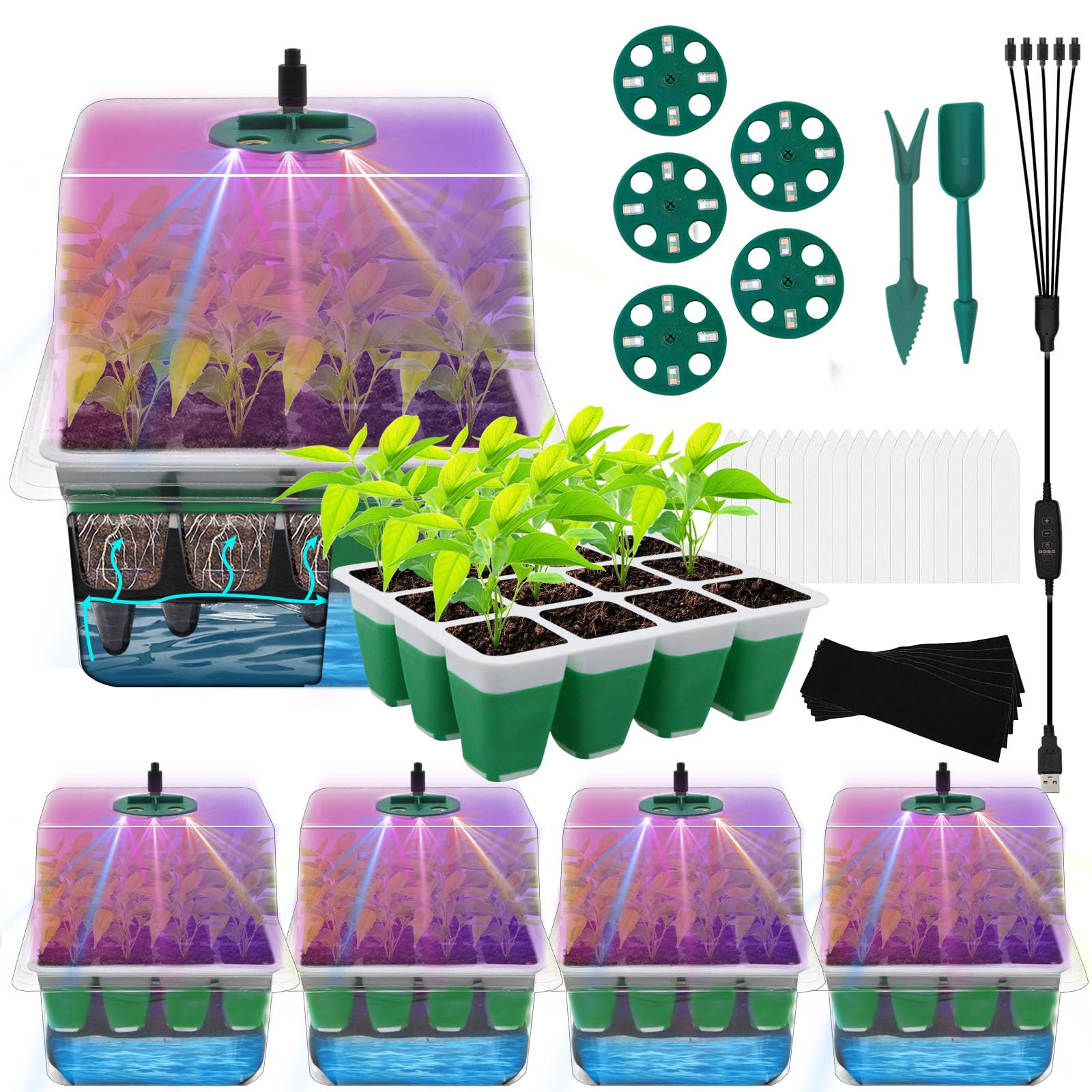 MQHUAYU Self Watering Seed Starter Tray with Grow Light, 5-Pack 60-Cell ...