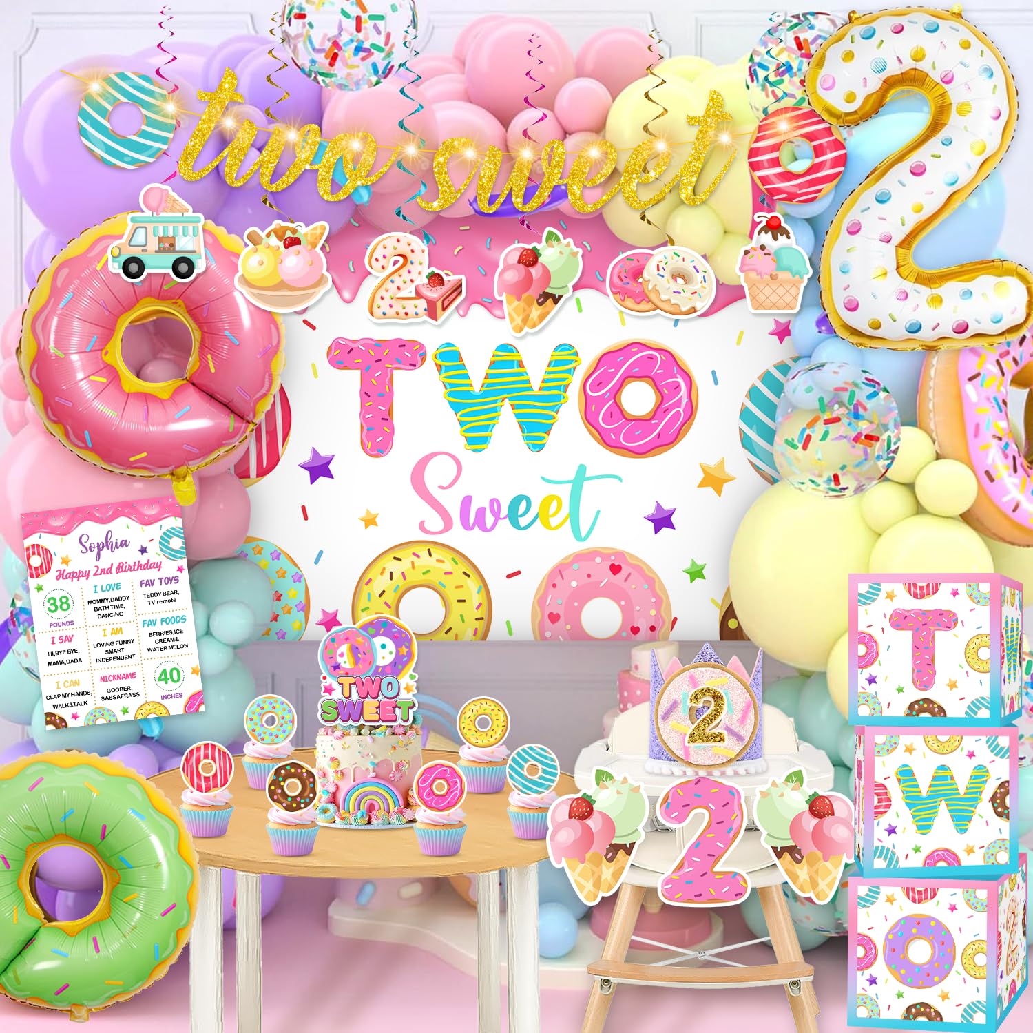 cocomigo 113 Pcs Two Sweet Birthday Decorations, Donut Ice Cream Theme ...