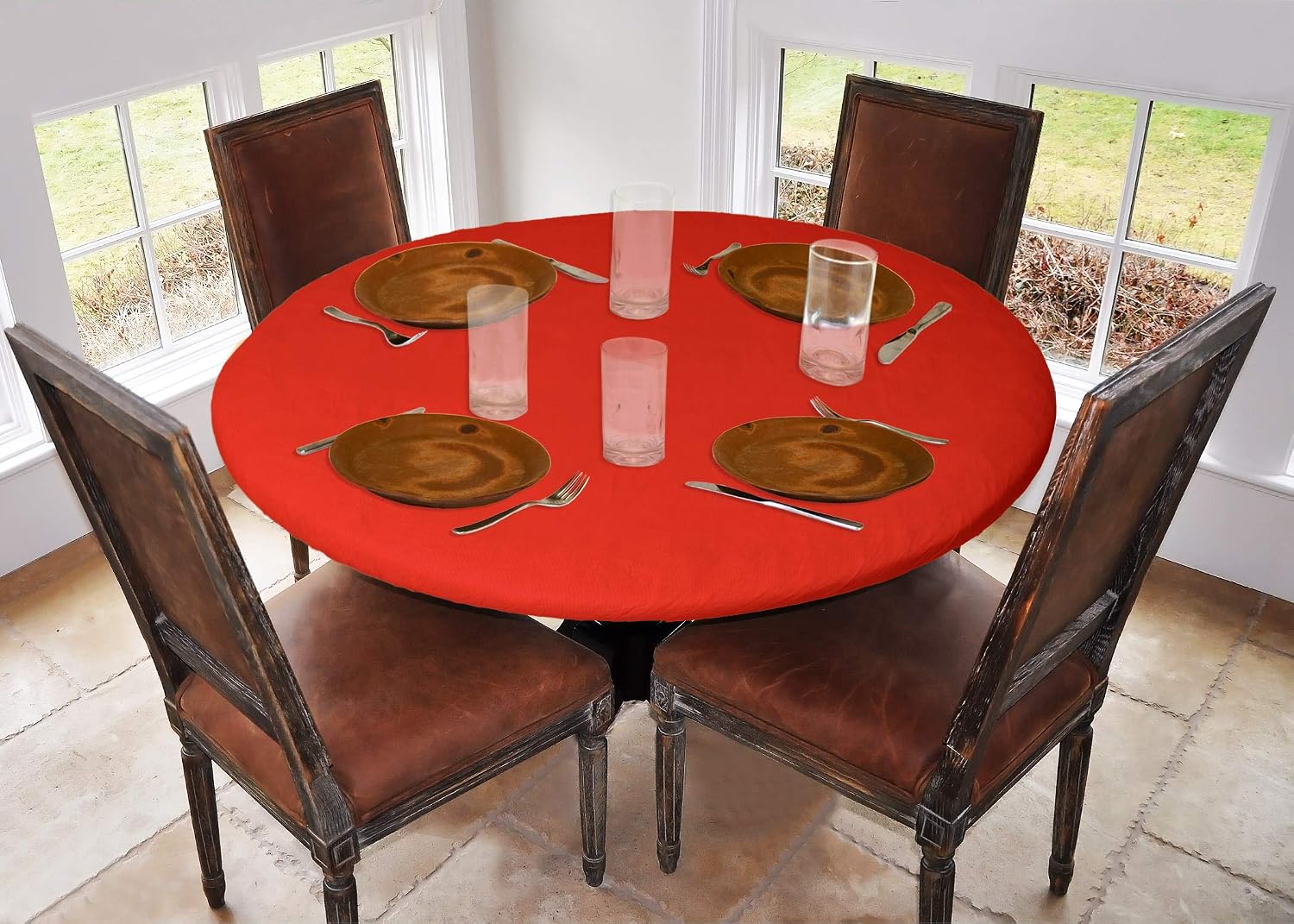 Elastic Edged Flannel Backed Vinyl Fitted Table Cover Solid RED