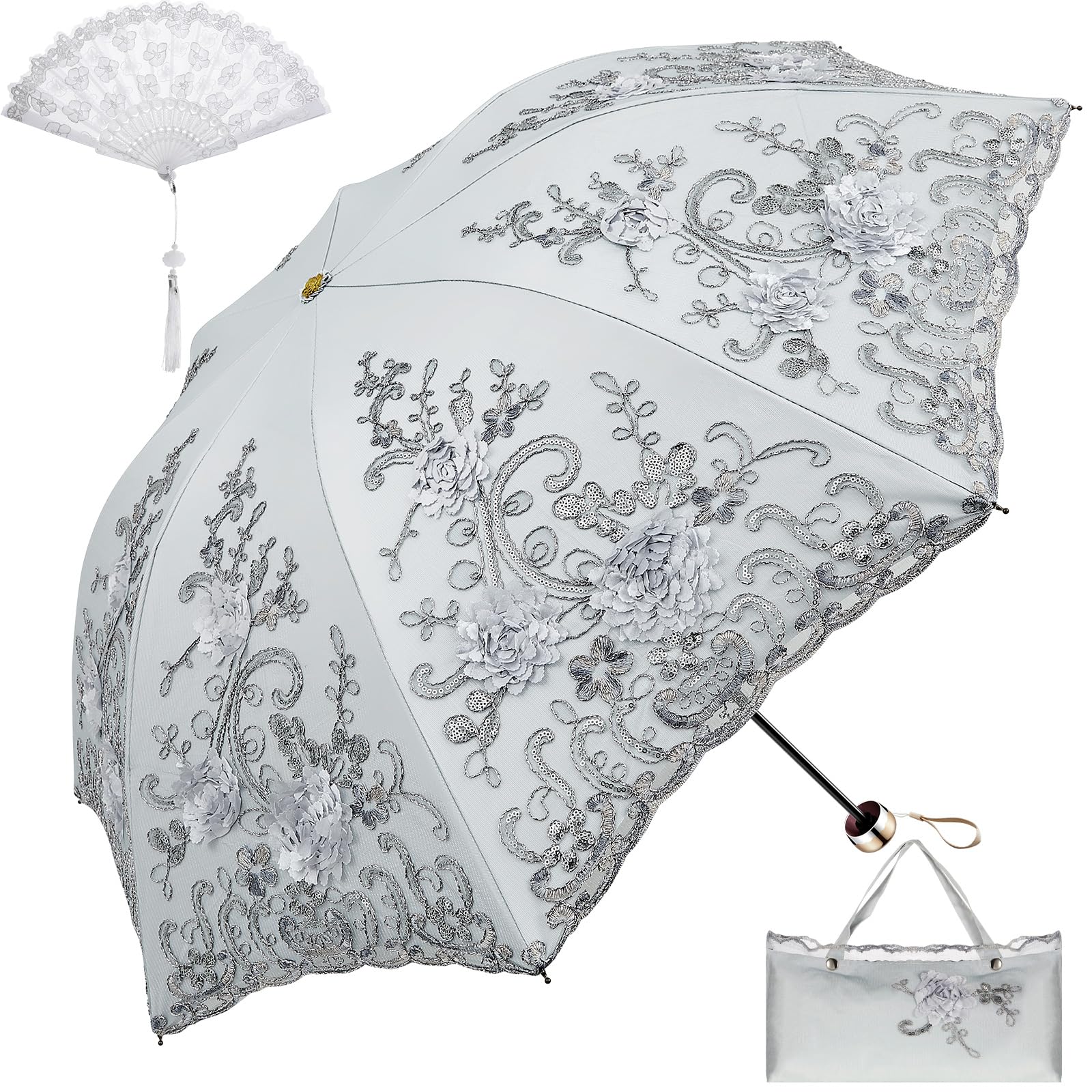 Clysee Floral Lace UV Sun Parasol with Lace Handheld Fan Vintage Flower ...
